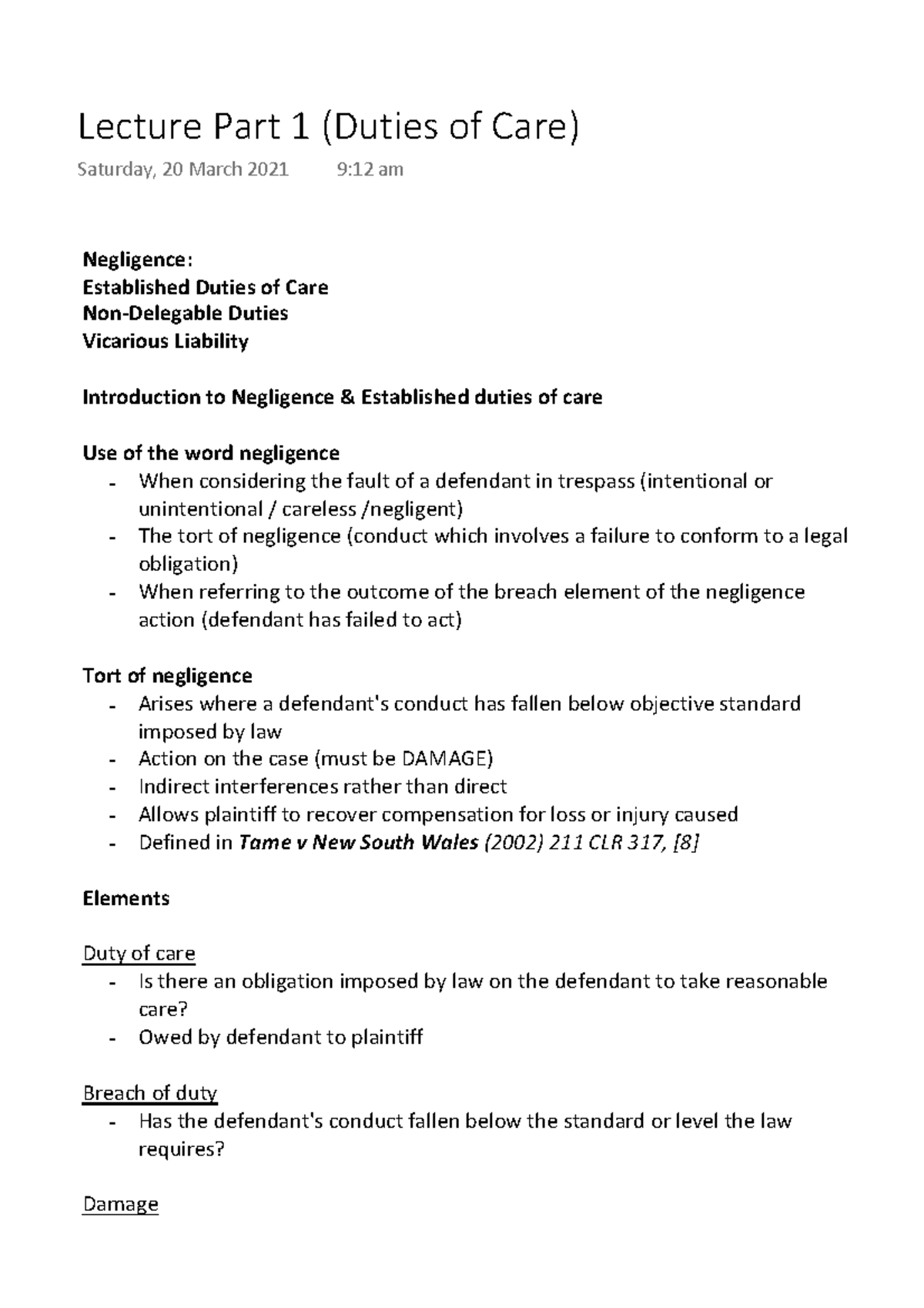 Torts Week 4 Lecture Part 1 Duties Of Care Negligence Established