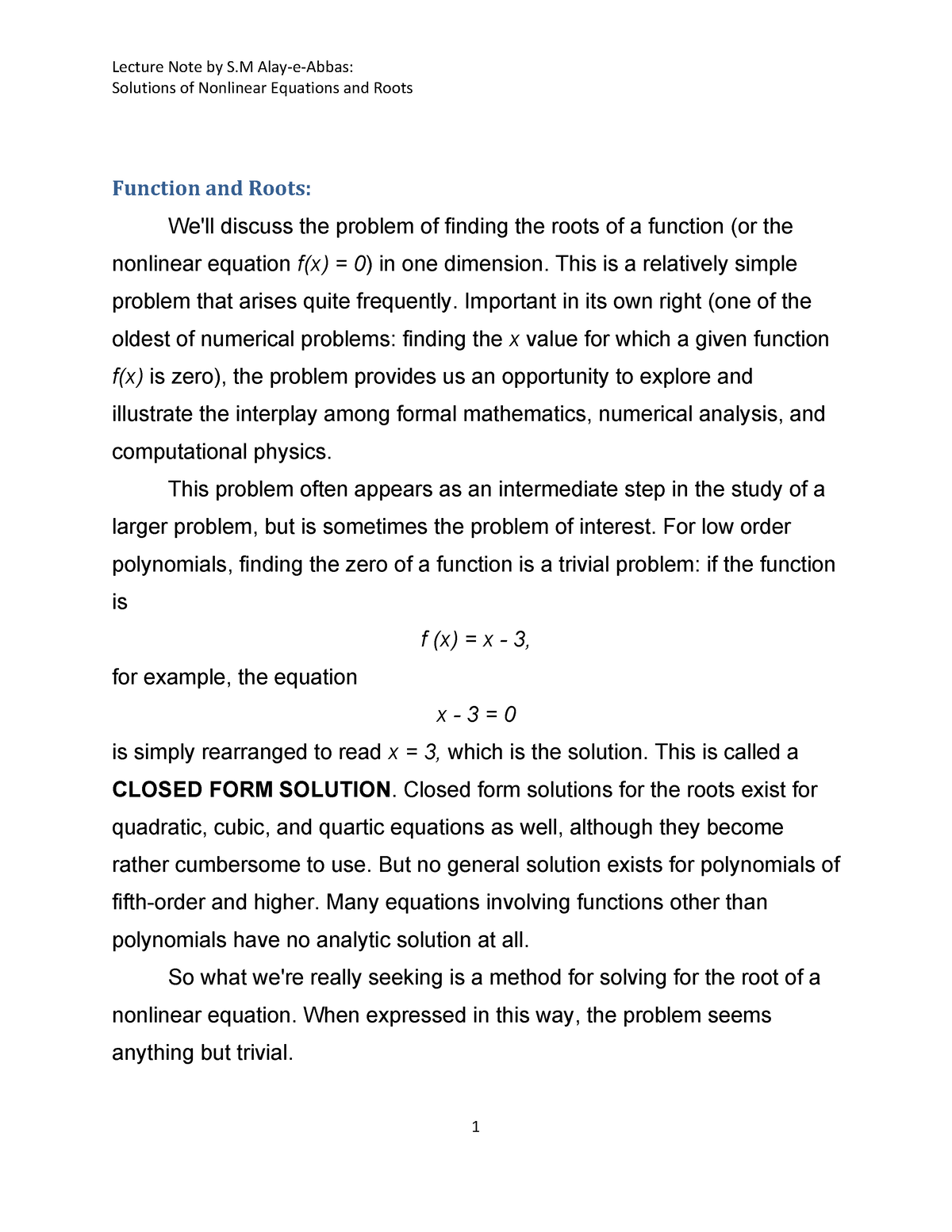 Lecture Notes Nonlinear Equations And Roots Solutions Of Nonlinear