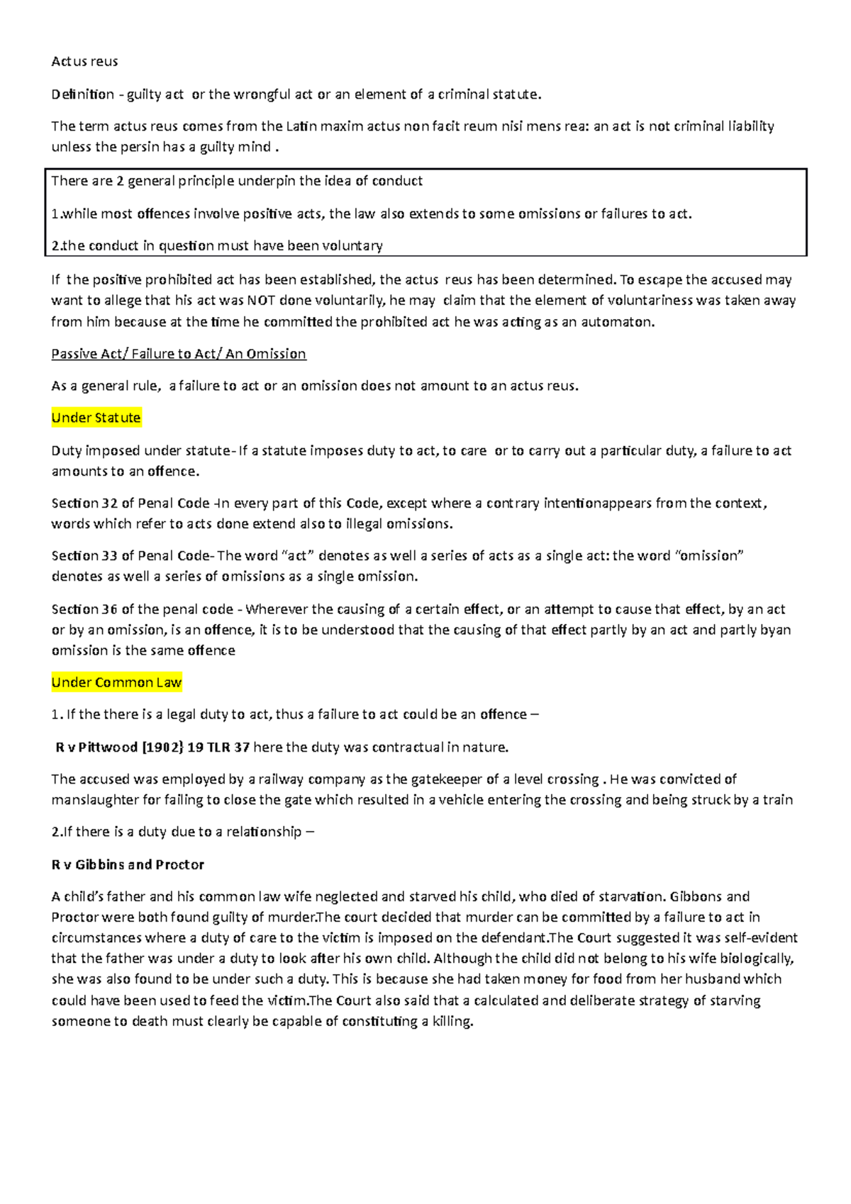 Actus Reus Lecture Notes For Final Exam Actus Reus Definition