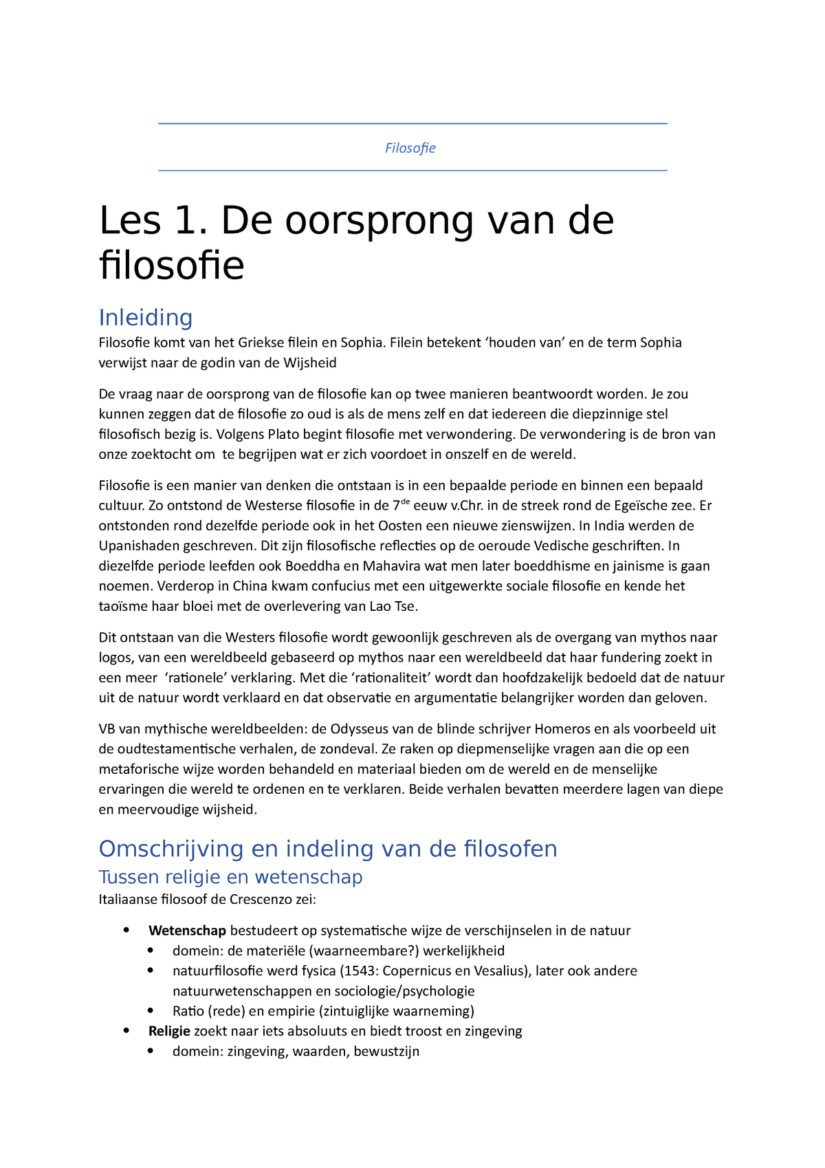 Samenvatting Filosofie Filosofie Les 1 De Oorsprong Van De Filosofie