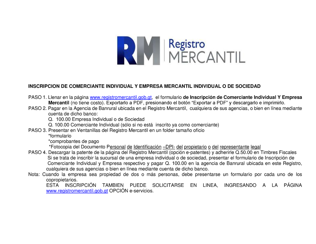 Inscripcion De Comerciante Individual Y Empresa Mercantil Individual O