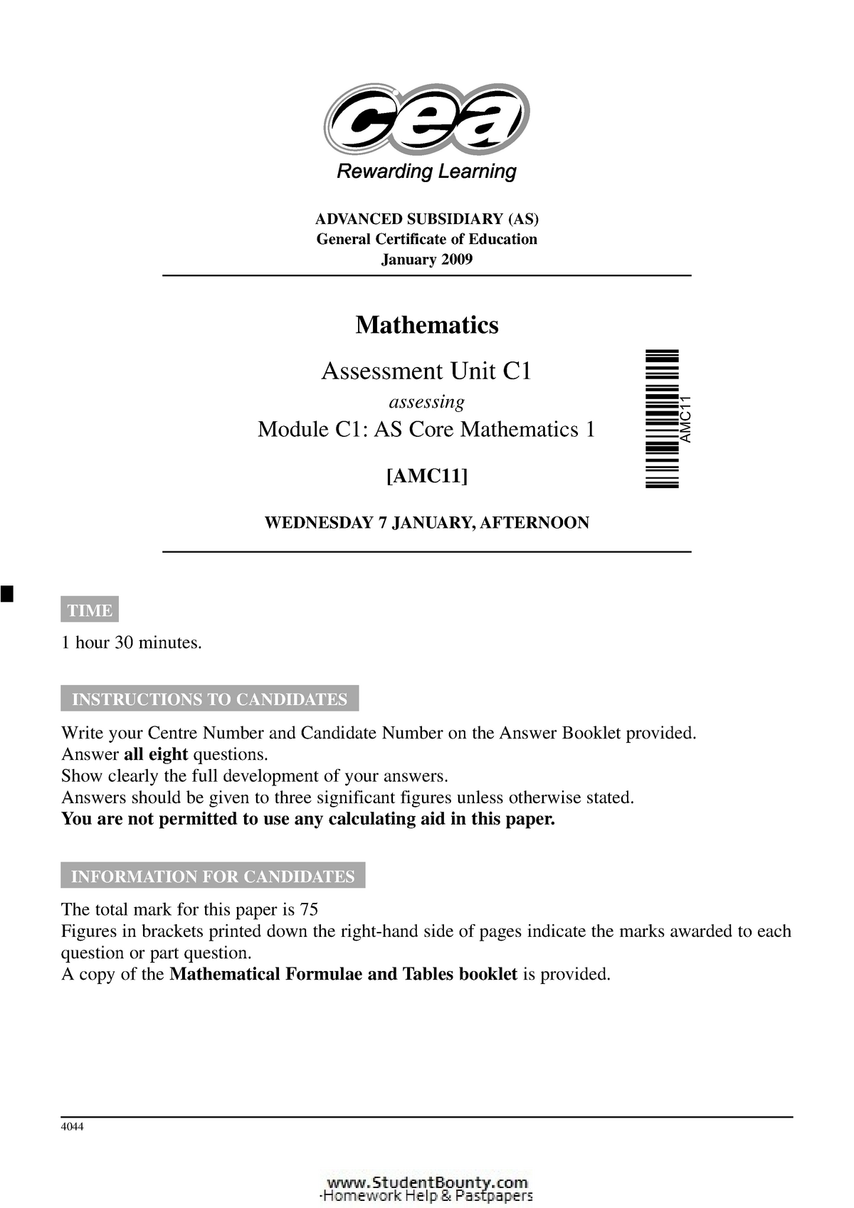 A2as Math Past Papers Mark Schemes Standard January Series 2009 4613