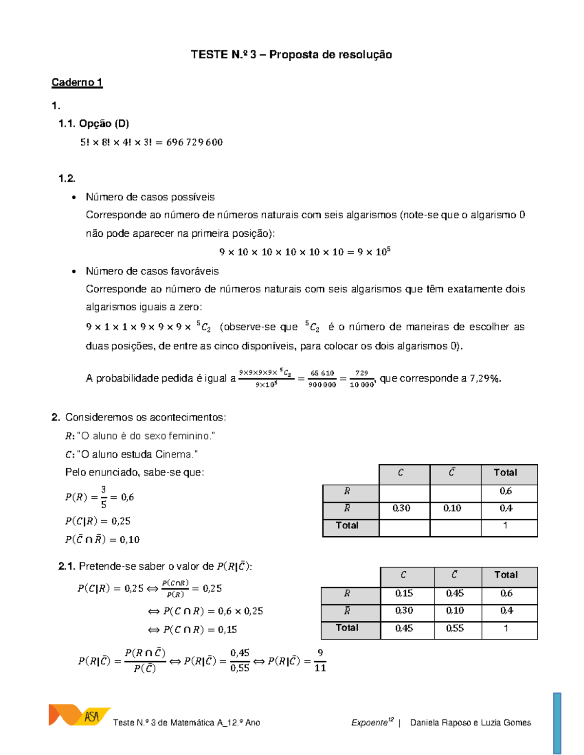 Teste 3 12 Resolucao 12 Teste Nº 3 Proposta De Resolução Caderno 1