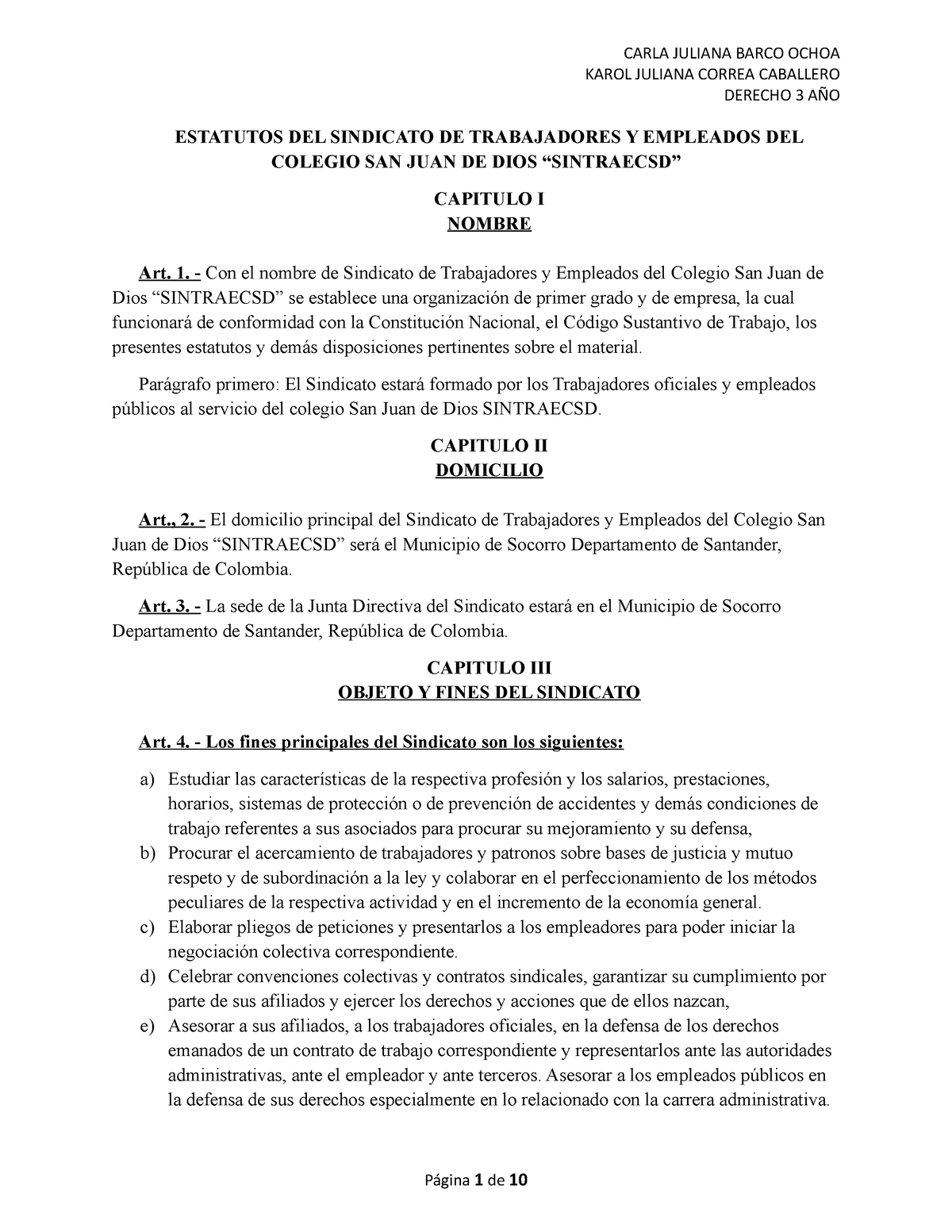 Laboral Estatuto De Sindicato Karol Juliana Correa Caballero