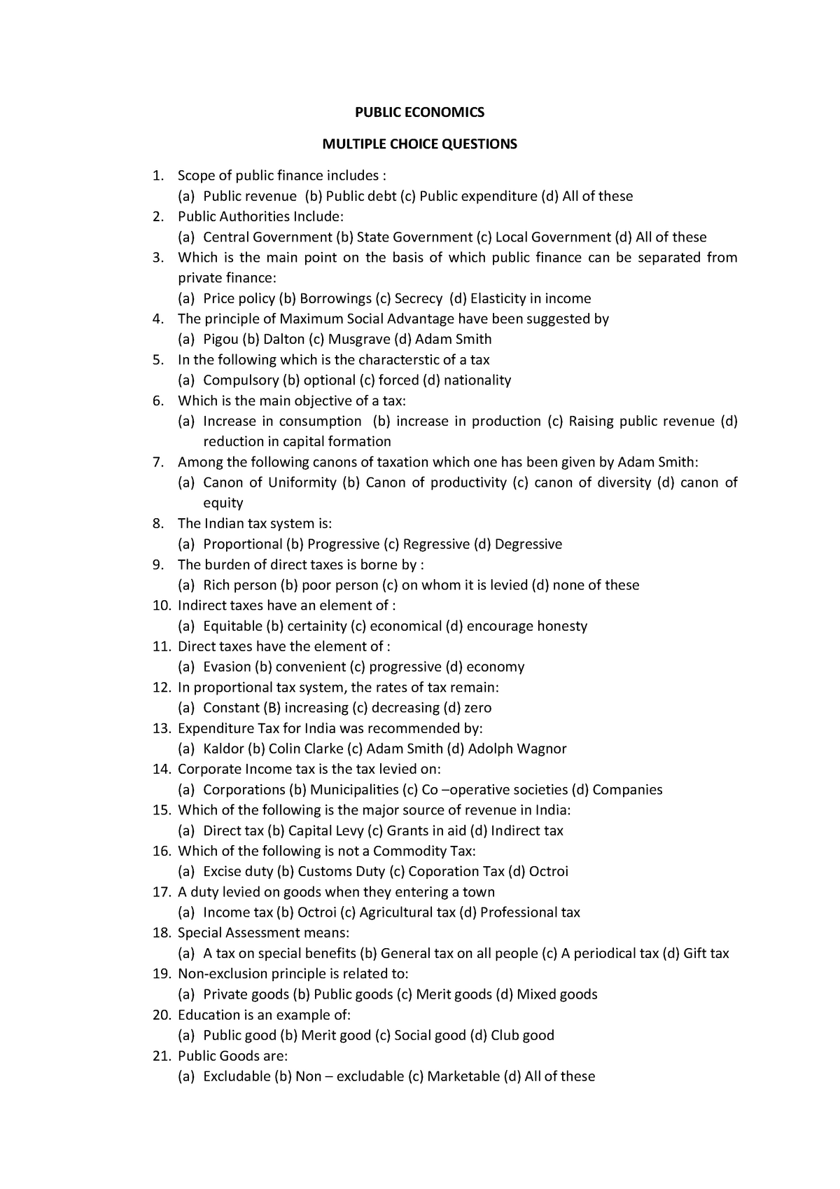 Public Finance Mcqs Public Economics Multiple Choice Questions Scope