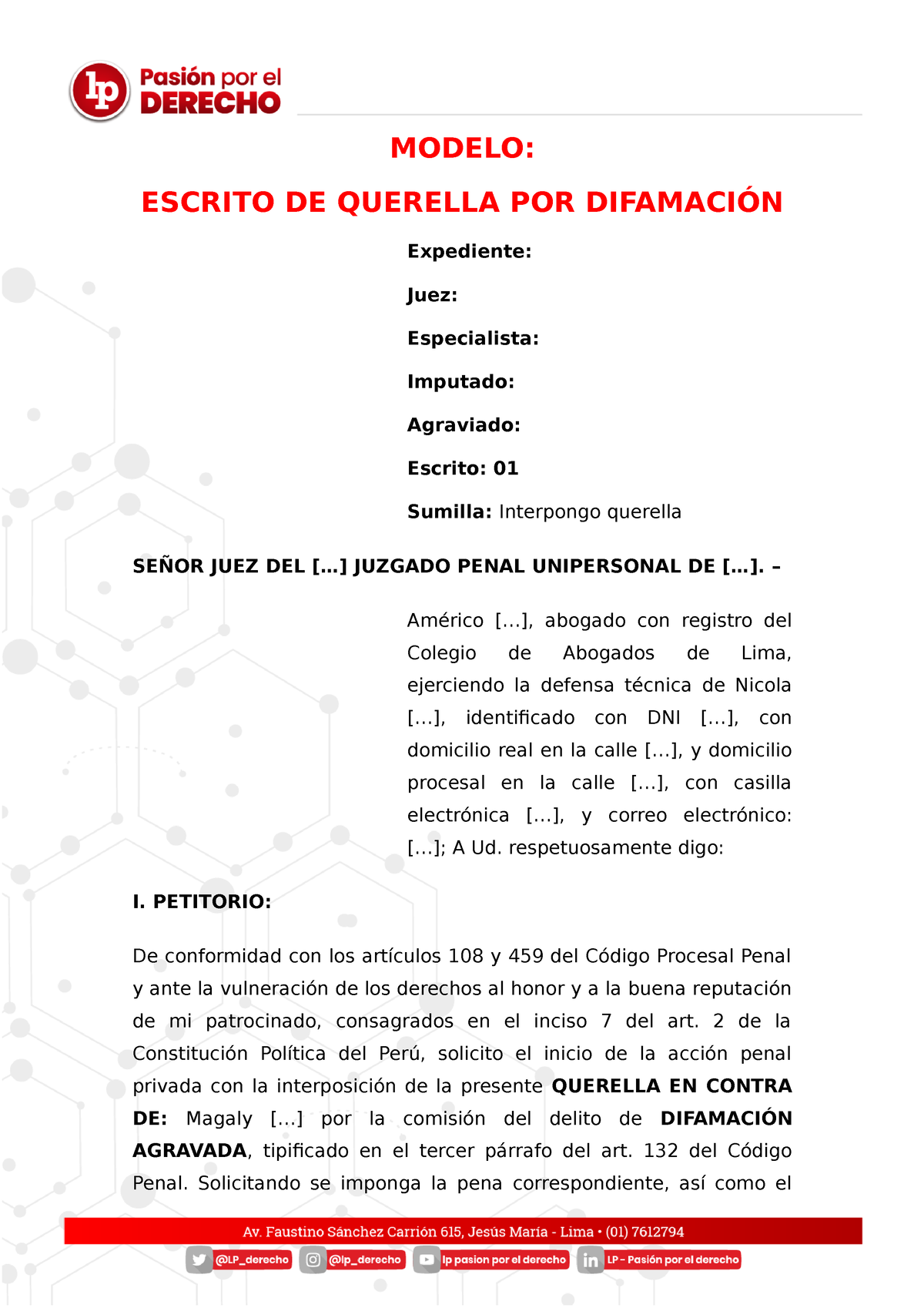 Modelo Escrito Querella Difamacion Agravada Medio De Prensa Lp Modelo