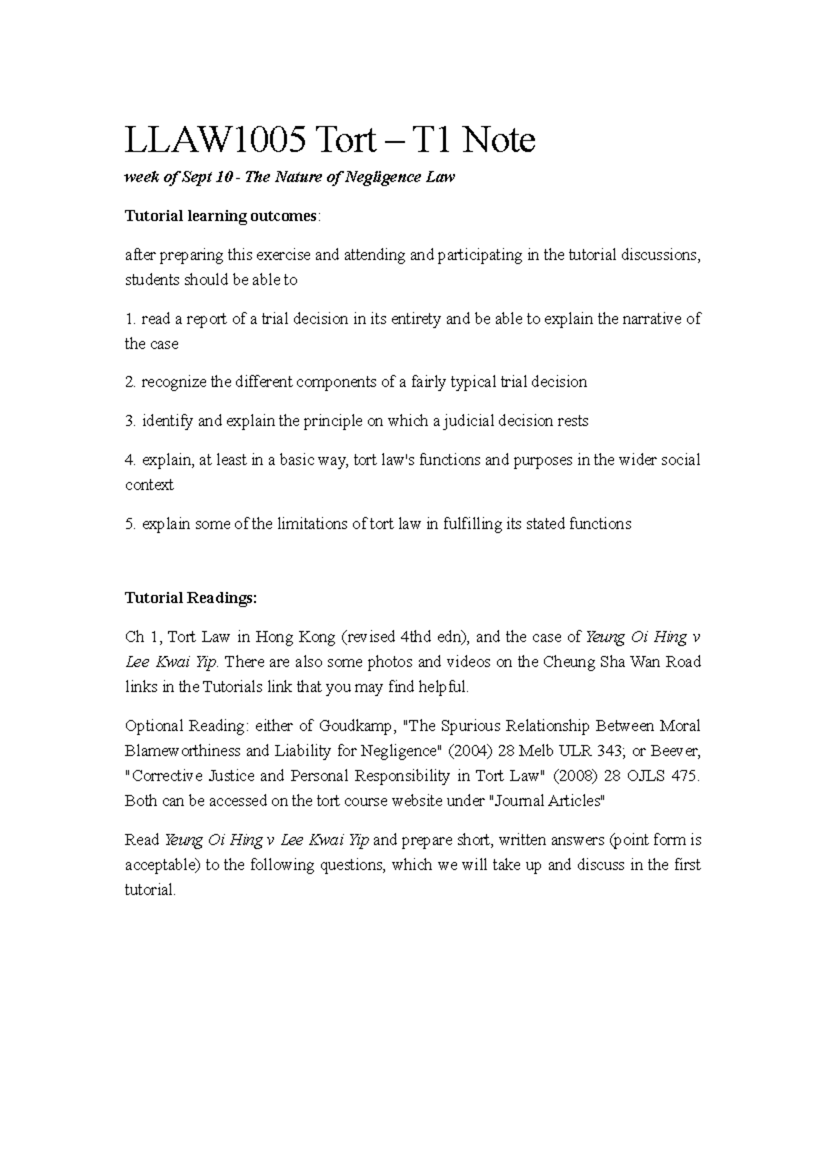 Tutorial 1 Add Oil Llaw1005 Tort T1 Note Week Of Sept 10 The