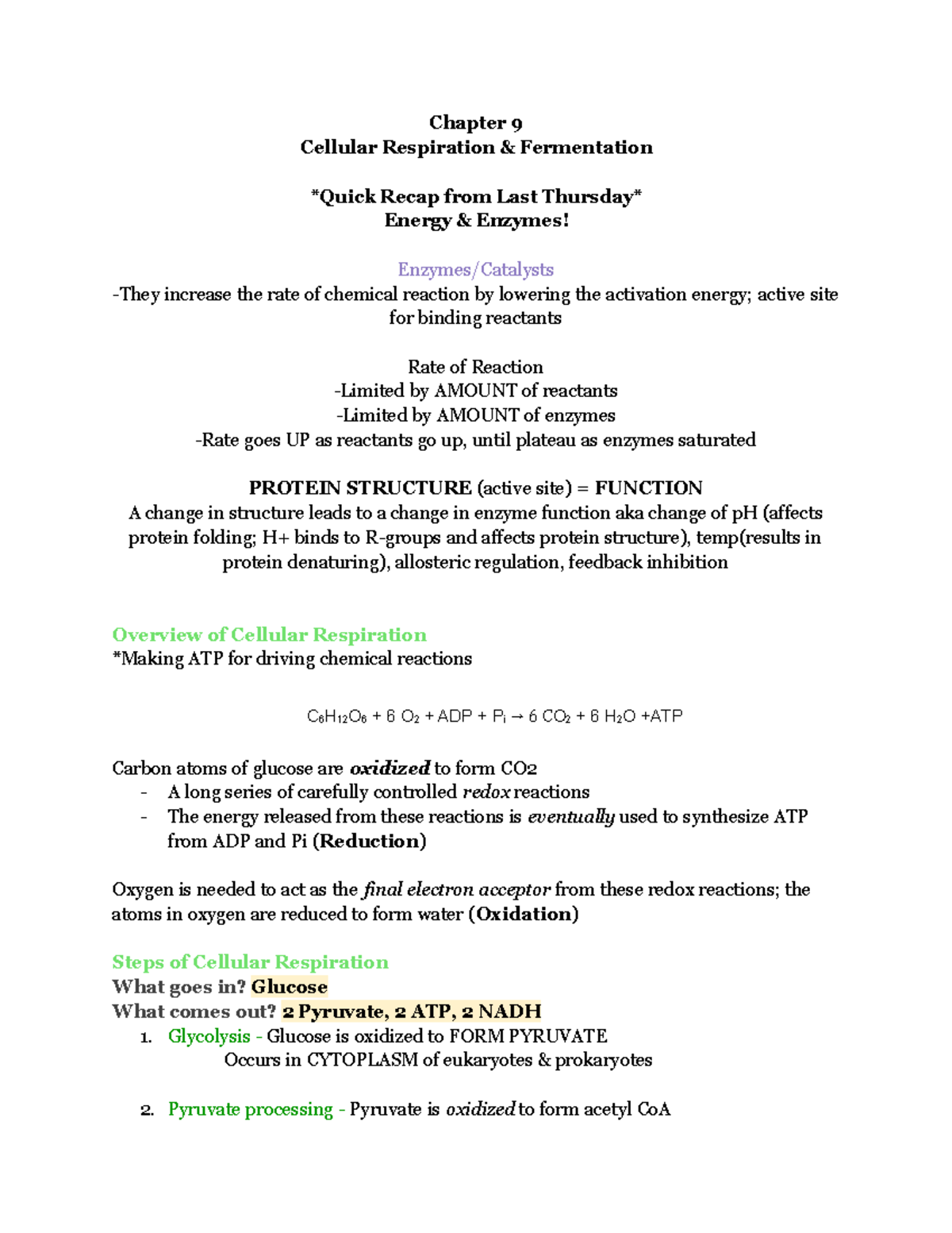 Chapter 9 Outline Chapter 9 Cellular Respiration And Fermentation Quick