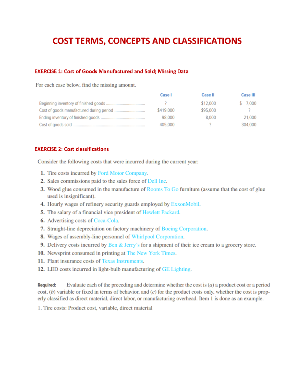 Chapter 2 Tutorial Questions Cost Terms Concepts And Classifications