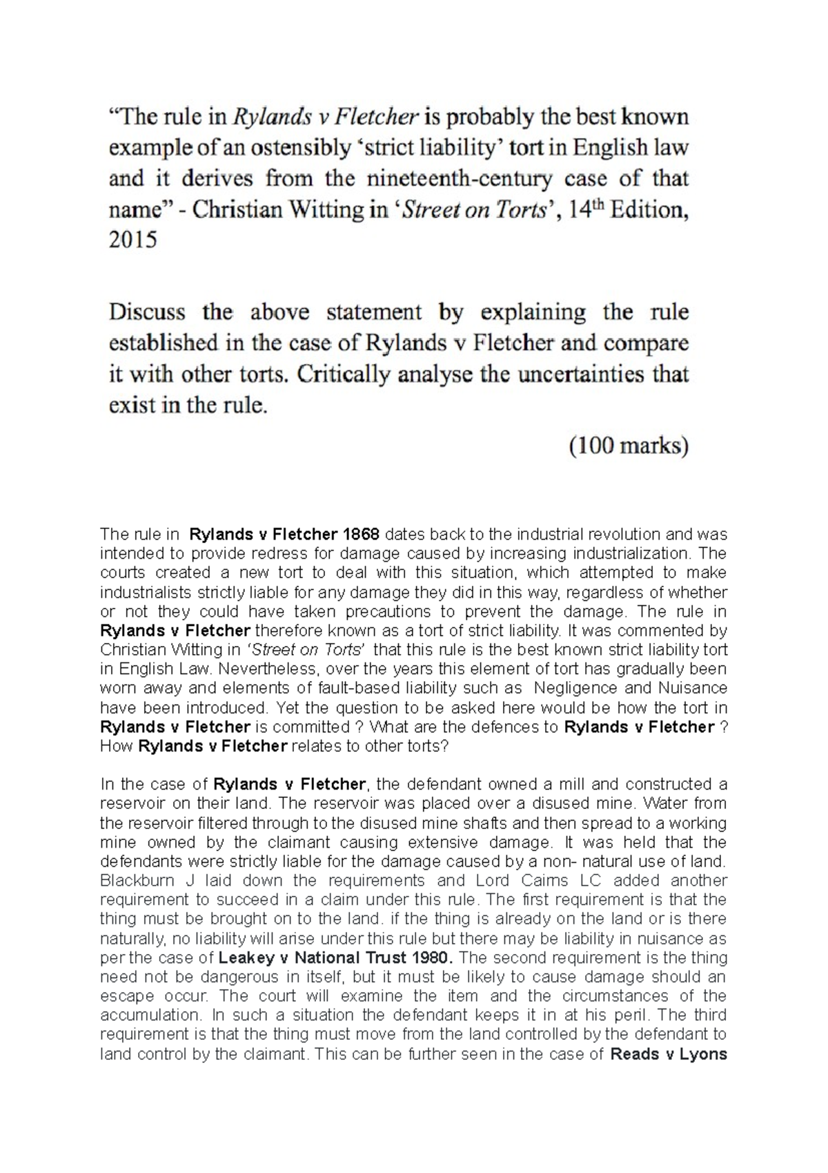 Rylands V Fletcher Essay The Rule In Rylands V Fletcher 1868 Dates