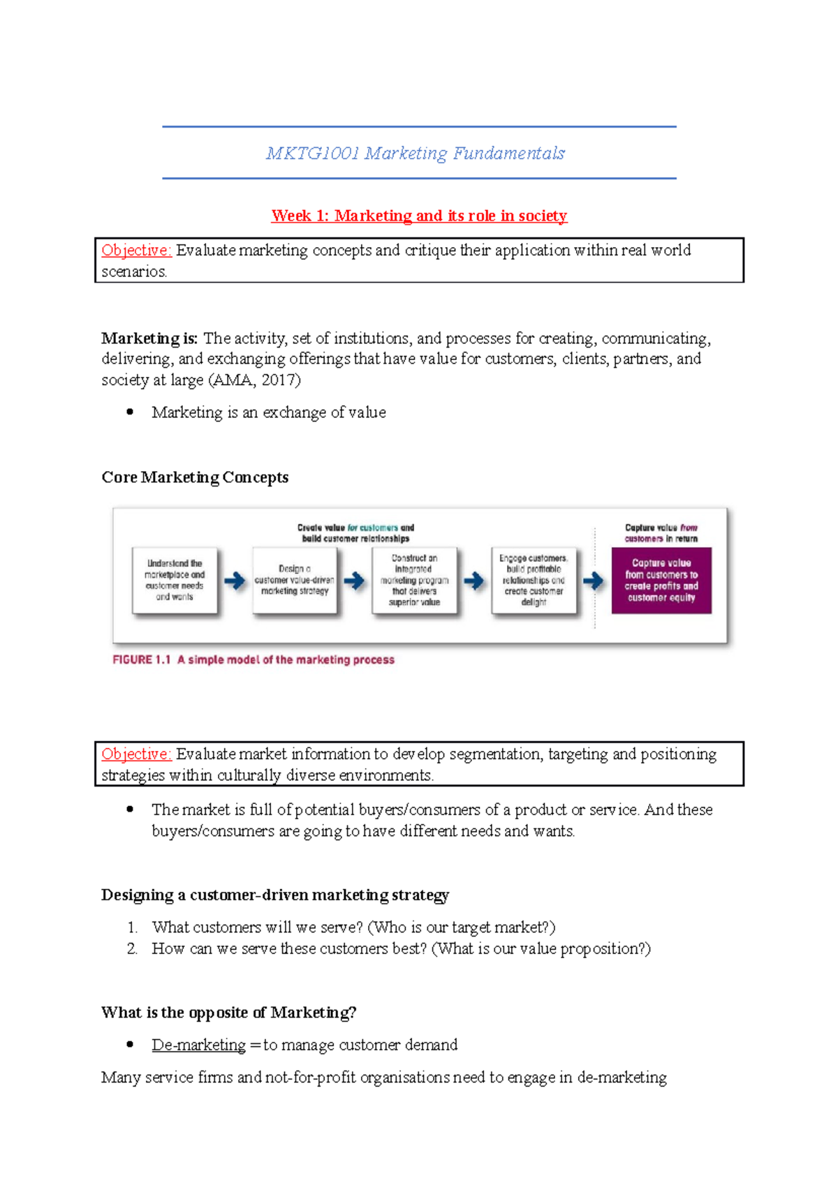 Mktg1001 Lecture Notes Mktg1001 Marketing Fundamentals Week 1