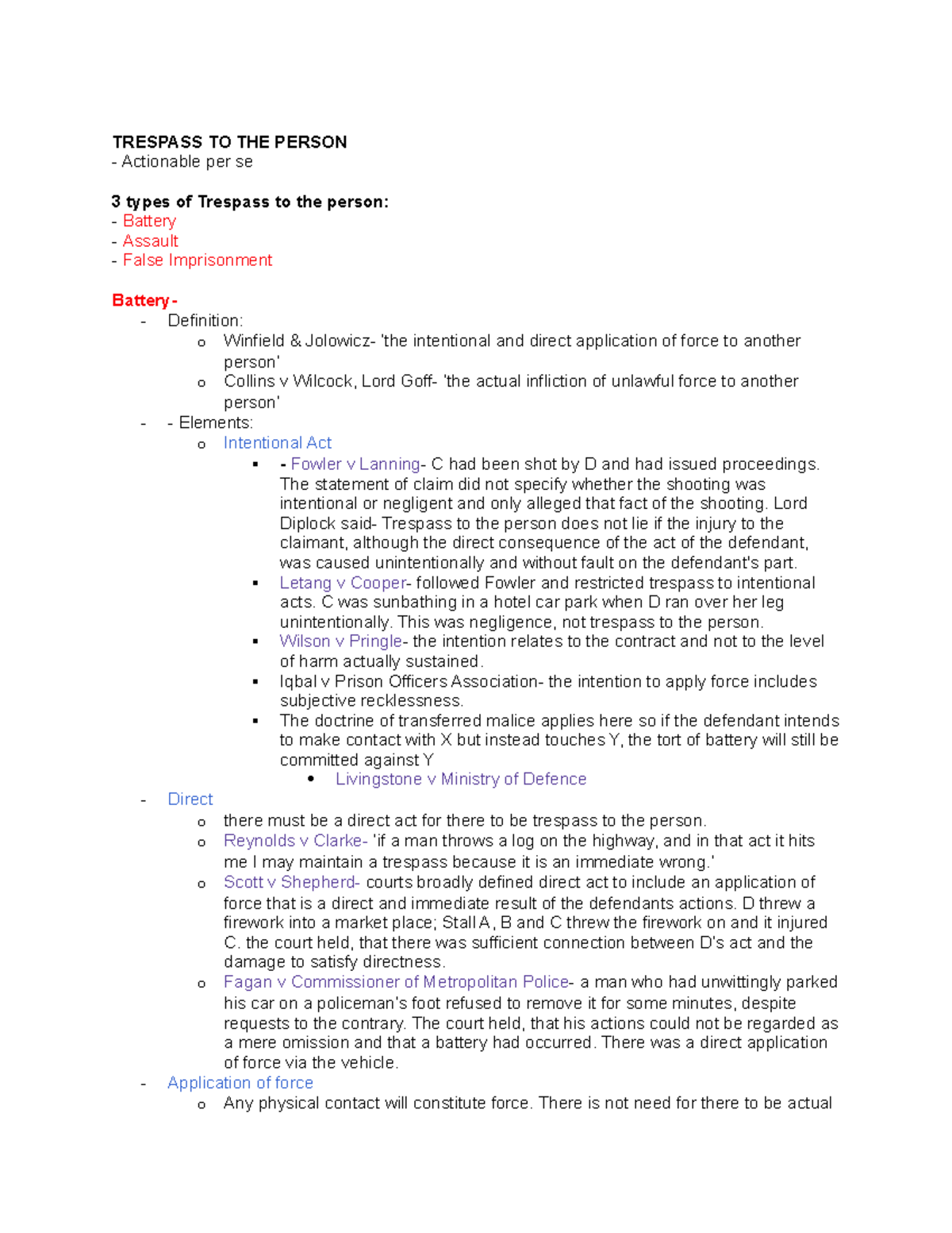 Trespass To The Person Lecture Notes 18 19 Trespass To The Person