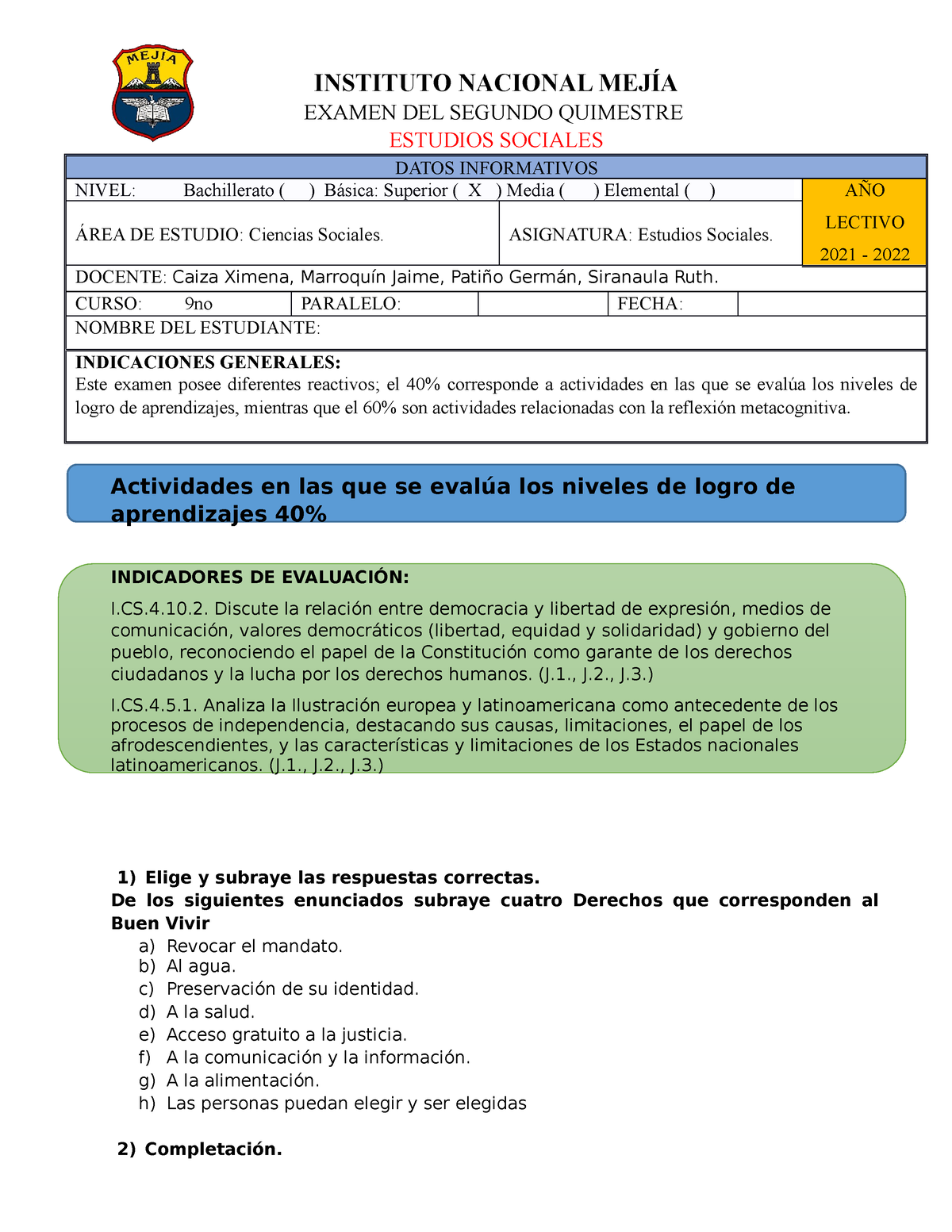 Noveno Examen Estudios Sociales Ii Quimestre Instituto Nacional MejÍa