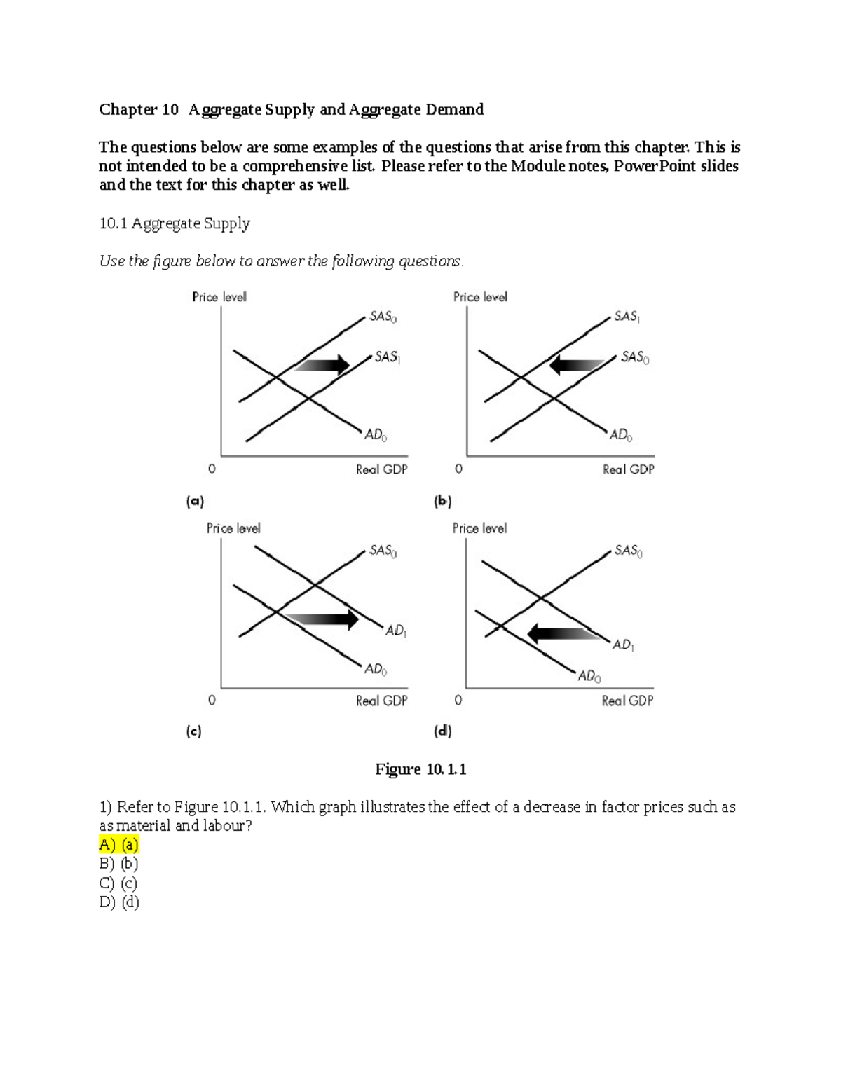 Econ 1032 Chapter 10 Reivew Chapter 10 Aggregate Supply And Aggregate