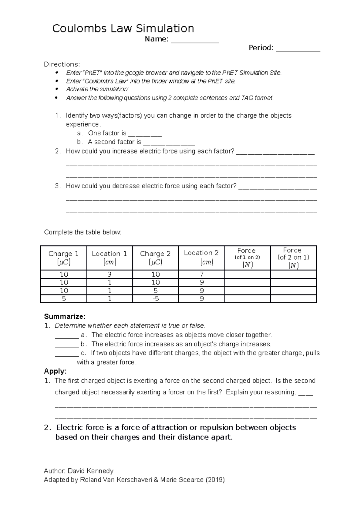 Lab1 Coulombs Law Coulombs Law Simulation Name