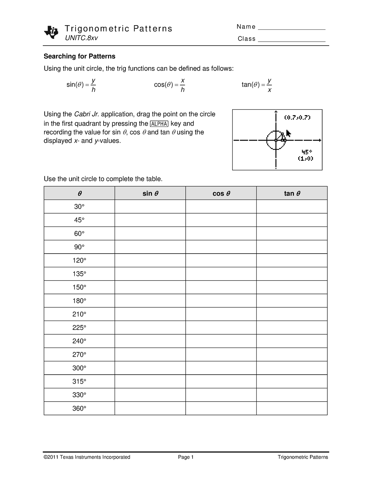 Precalc Trig Patterns Worksheet Ti84 Trigonometric Patterns Name