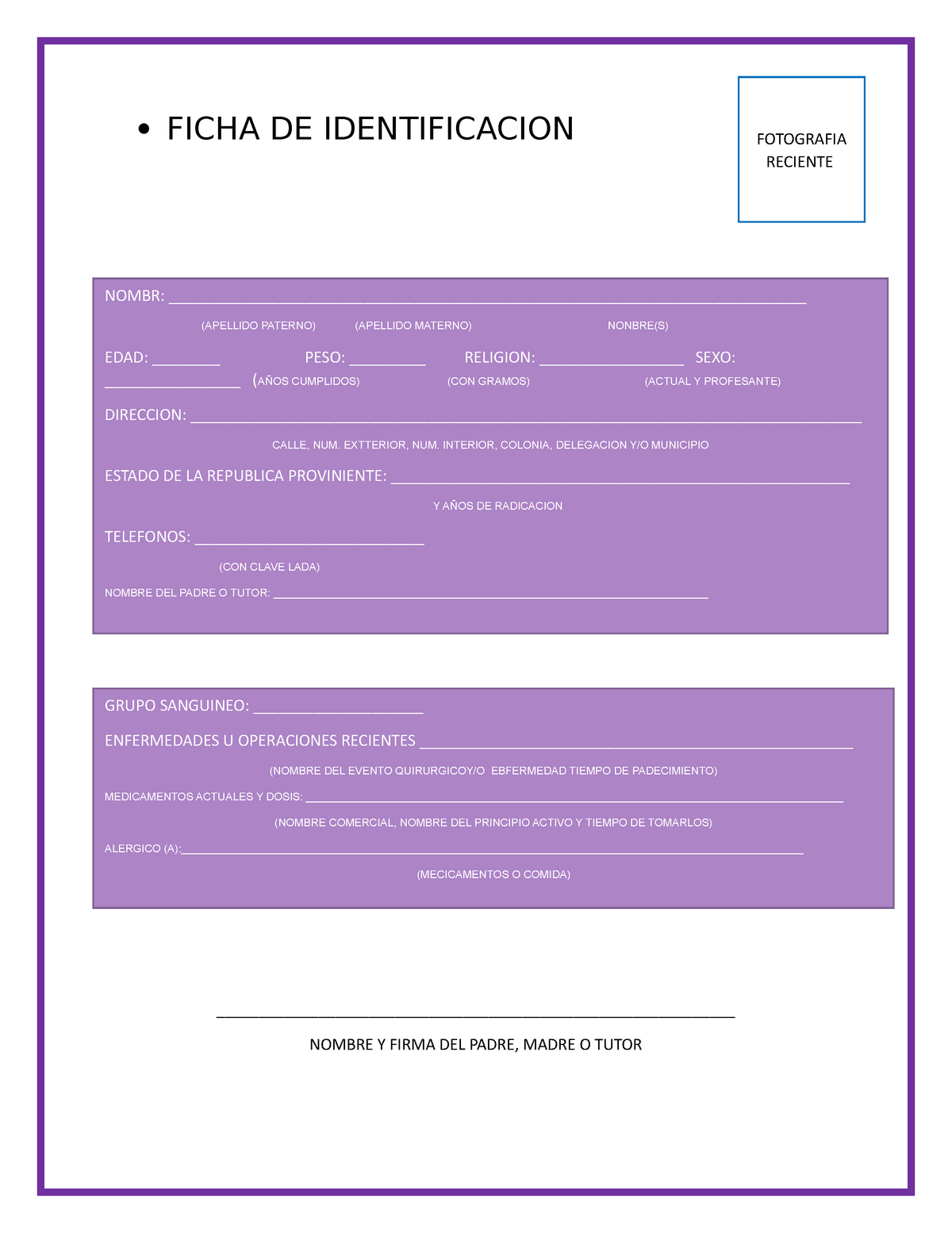 Ficha De Identificacion Del Paciente