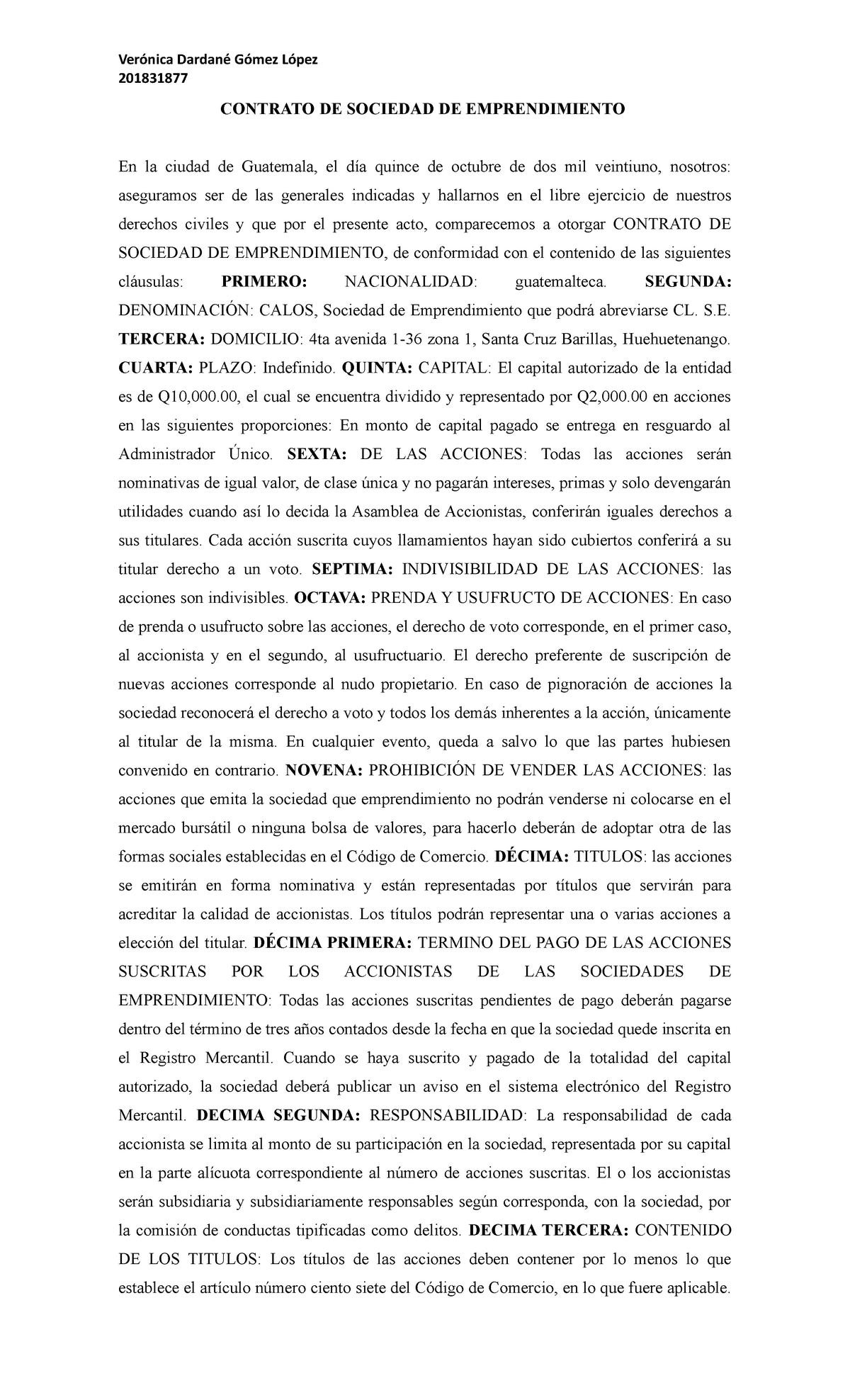 Contrato De Sociedad De Emprendimiento 201831877 Contrato De Sociedad