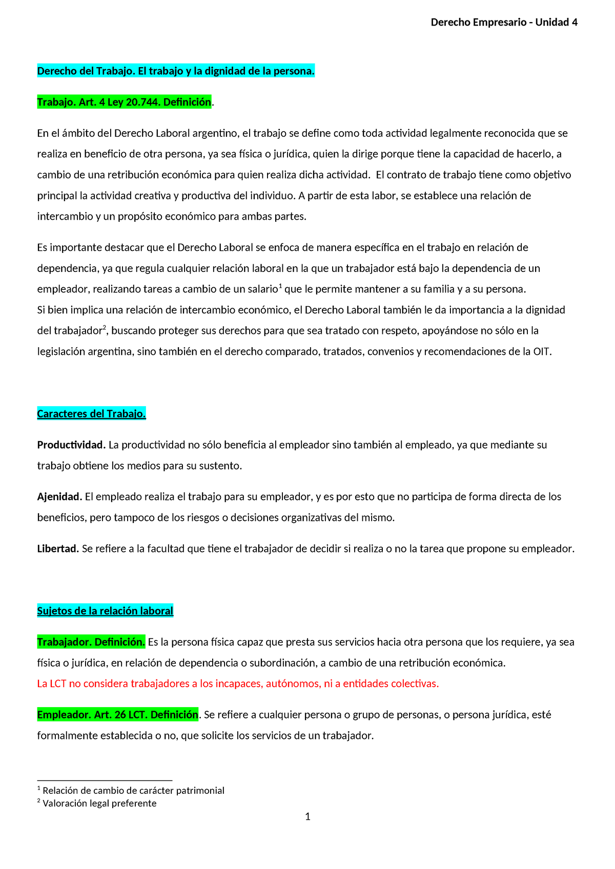 Derecho Empresario Unidad 4 Derecho Del Trabajo El Trabajo Y La