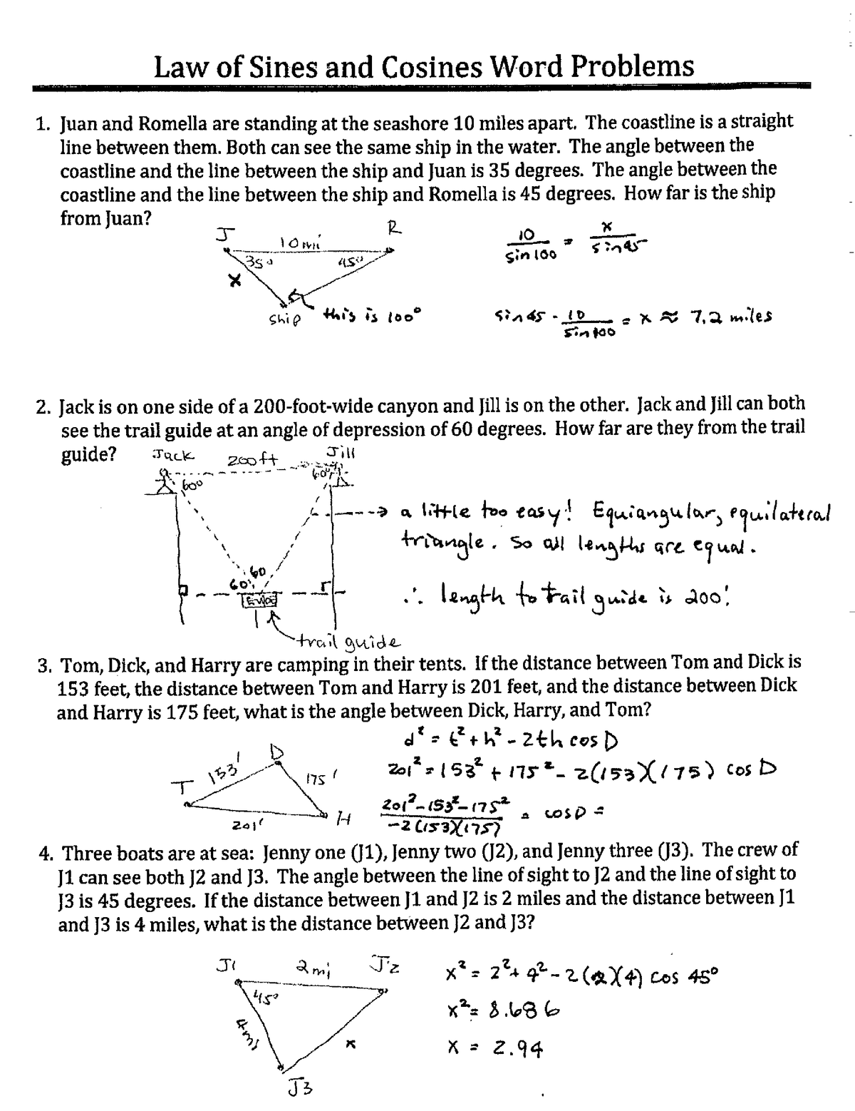 Law Of Sines And Cosines Word Problems Worksheet 2 Answer Key Mat