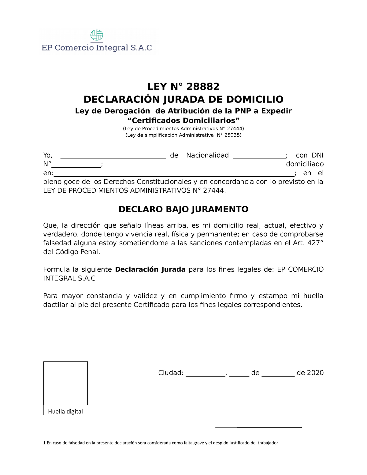 7 Declaracion Jurada De Domicilio Ley 28882