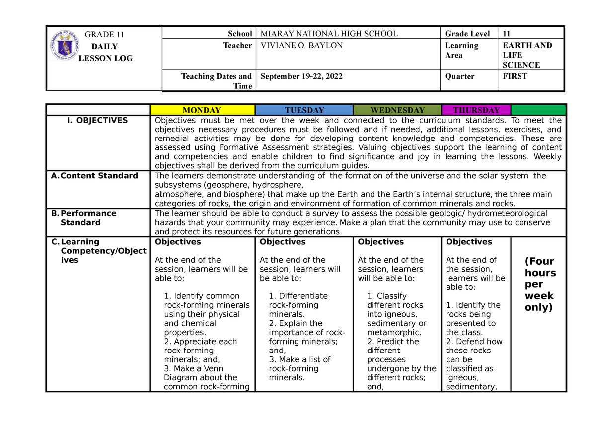 Earth And Life Science Dll 5th Week Grade 11 Daily Lesson Log