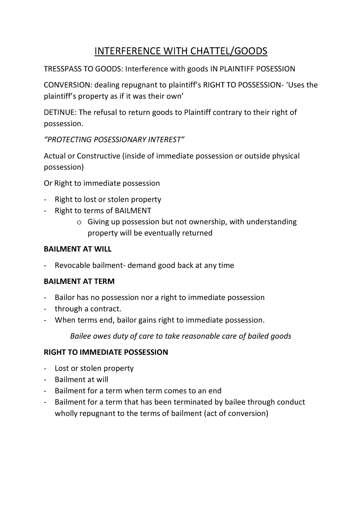 Interference With Chattels Topic Summary And Notes Interference With