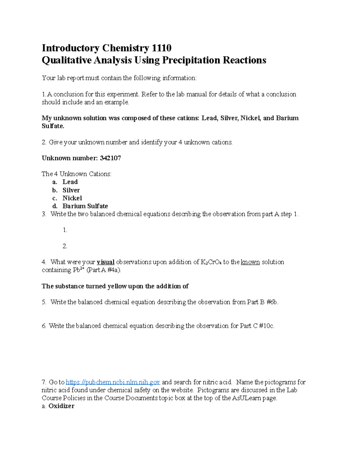 Introductory Chemistry Lab Report Qualitative Analysis 1110