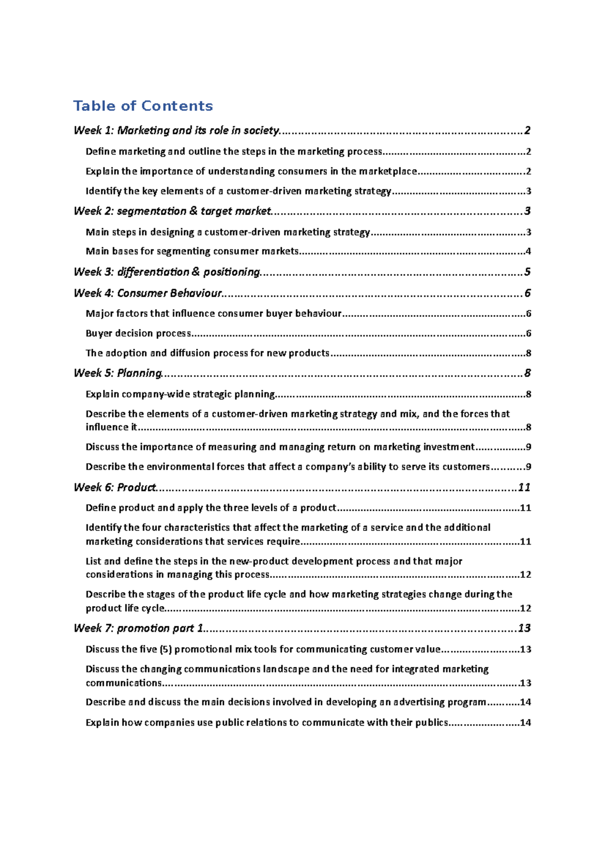 Marketing Fundamentals Table Of Contents Week 1 Marketing And Its