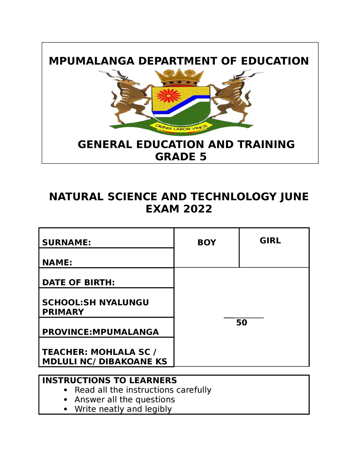 Natural Sciences And Technology Grade 5 June Test Mpumalanga