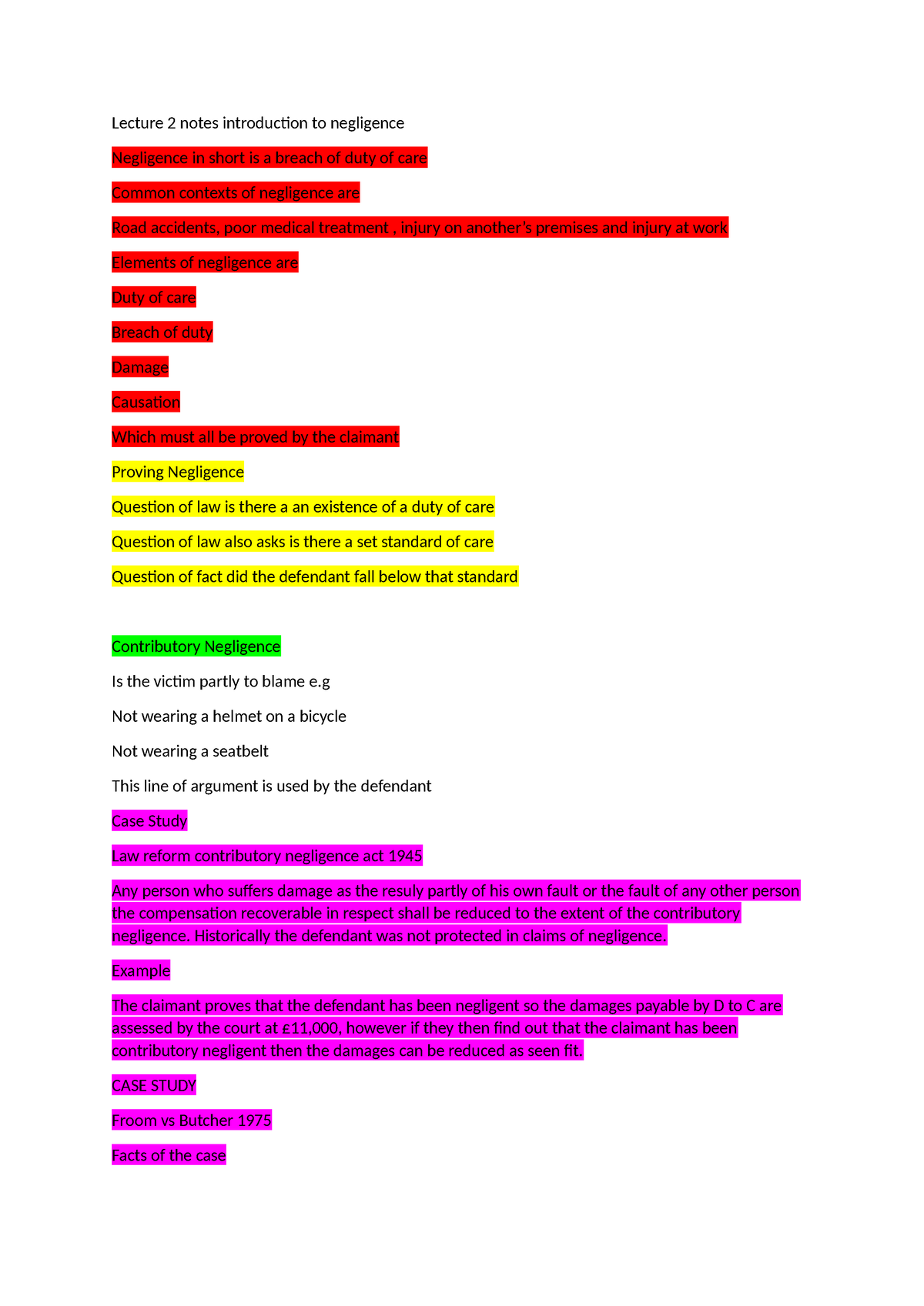 Lecture 2 Notes Lecture 2 Notes Introduction To Negligence Negligence