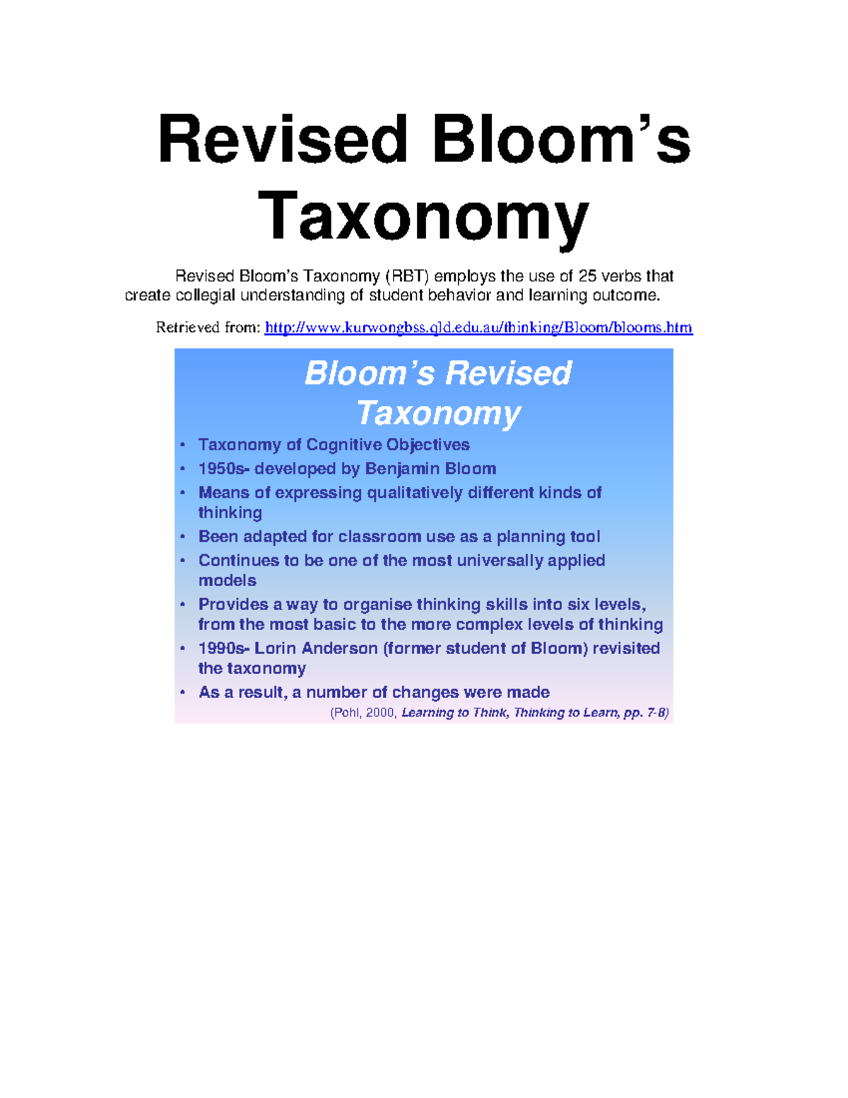 Applying Blooms Taxonomy Summary And Examples Revised Blooms