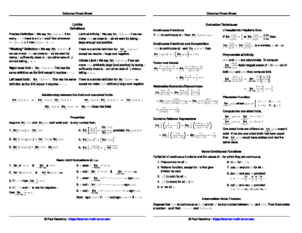 Calculus Cheat Sheet All Reduced Studocu