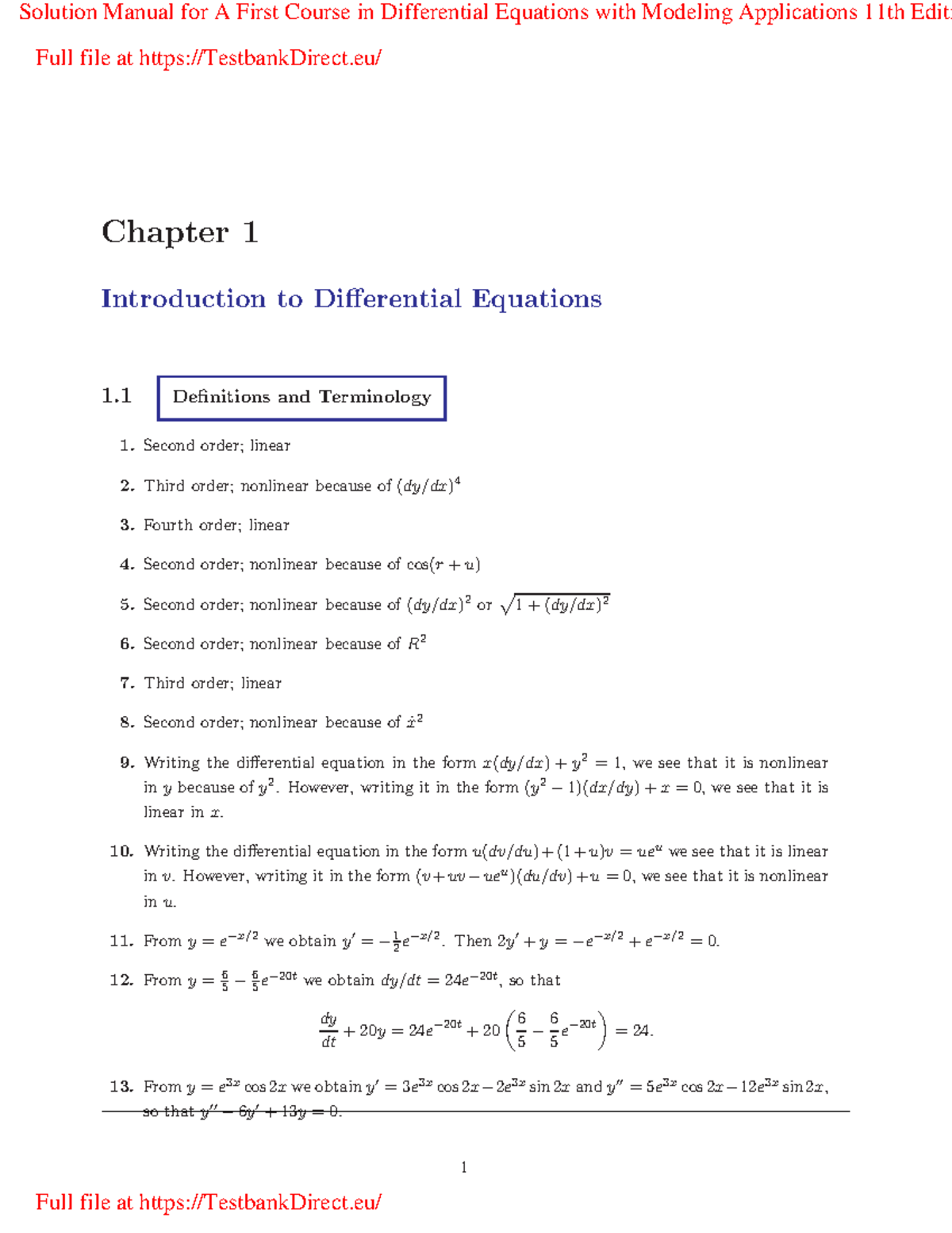 Solution Manual For A First Course In Differential Equations With