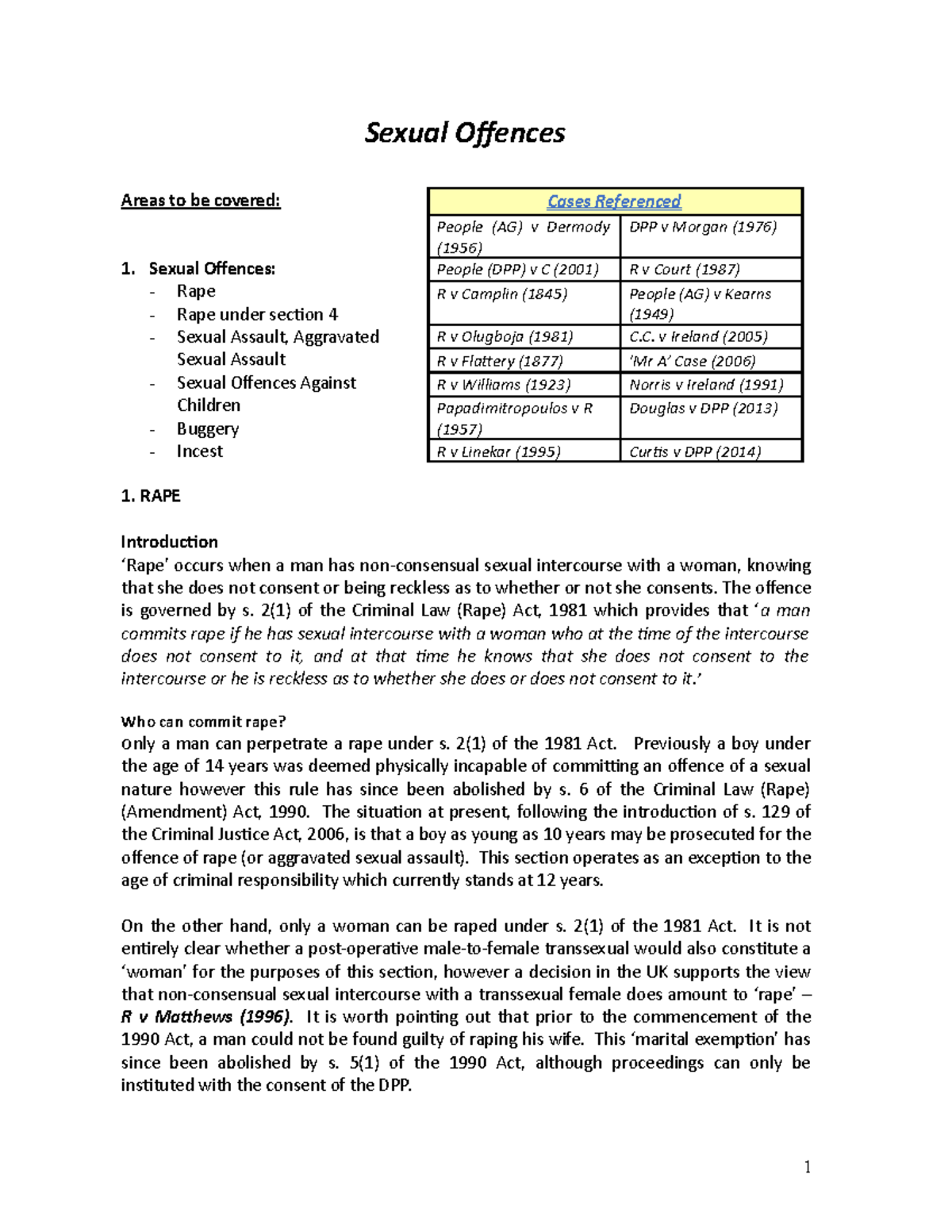 L7 Sexual Offences Notes Sexual Offences Areas To Be Covered 1