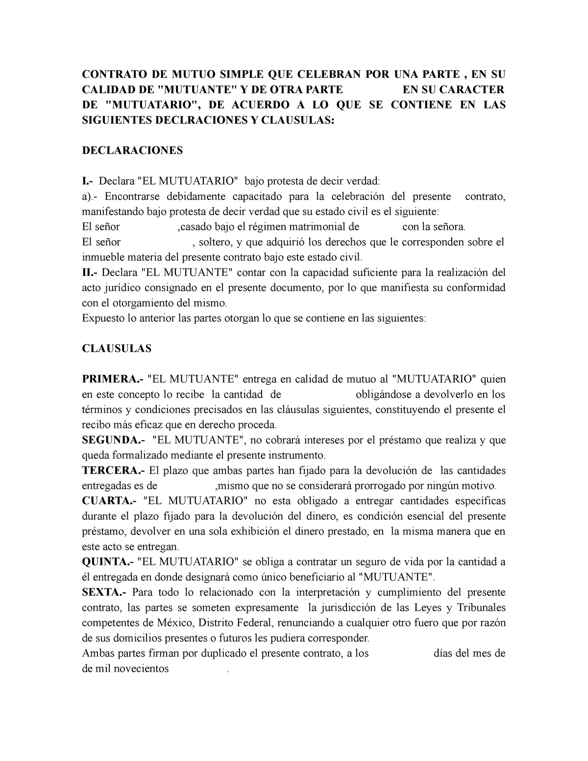 Ejemplo De Contrato De Mutuo Acuerdo