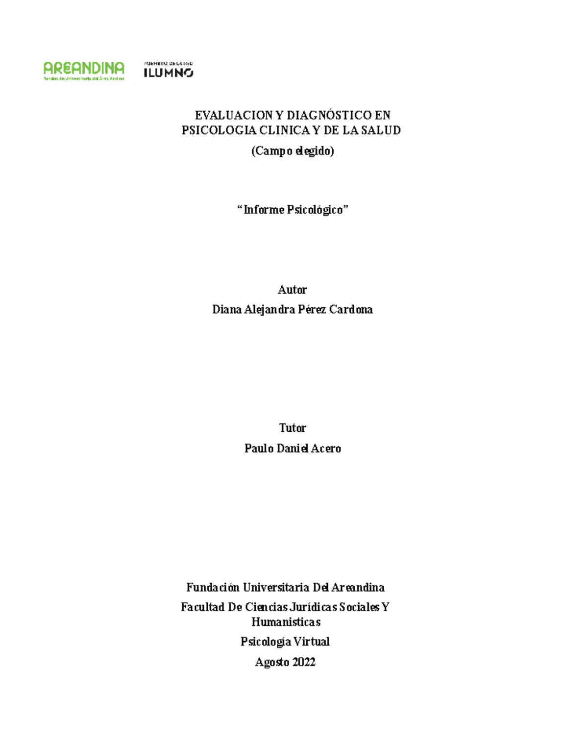 Formato Informe Clinico Evaluacion Y DiagnÓstico En Psicologia