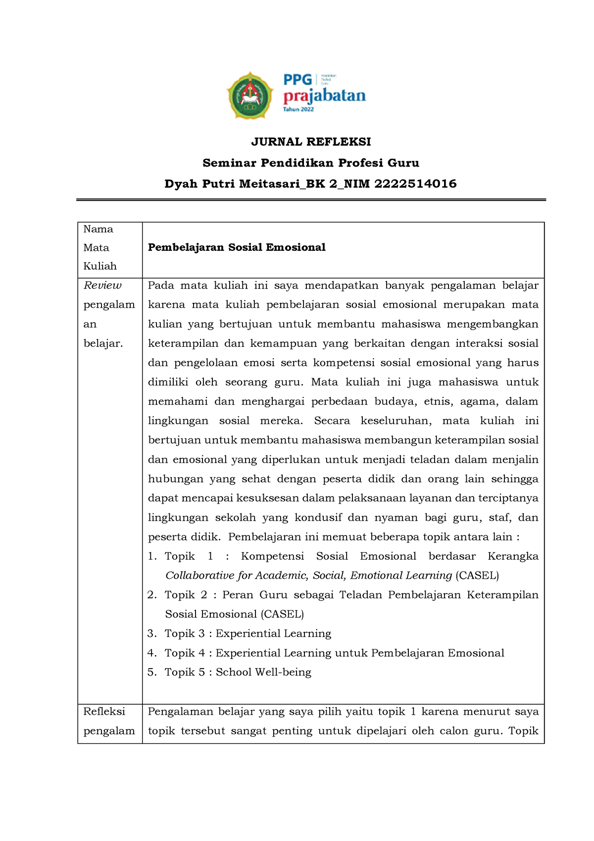 Jurnal Refleksi Pembelajaran Sosial Emosional Jurnal Refleksi Seminar