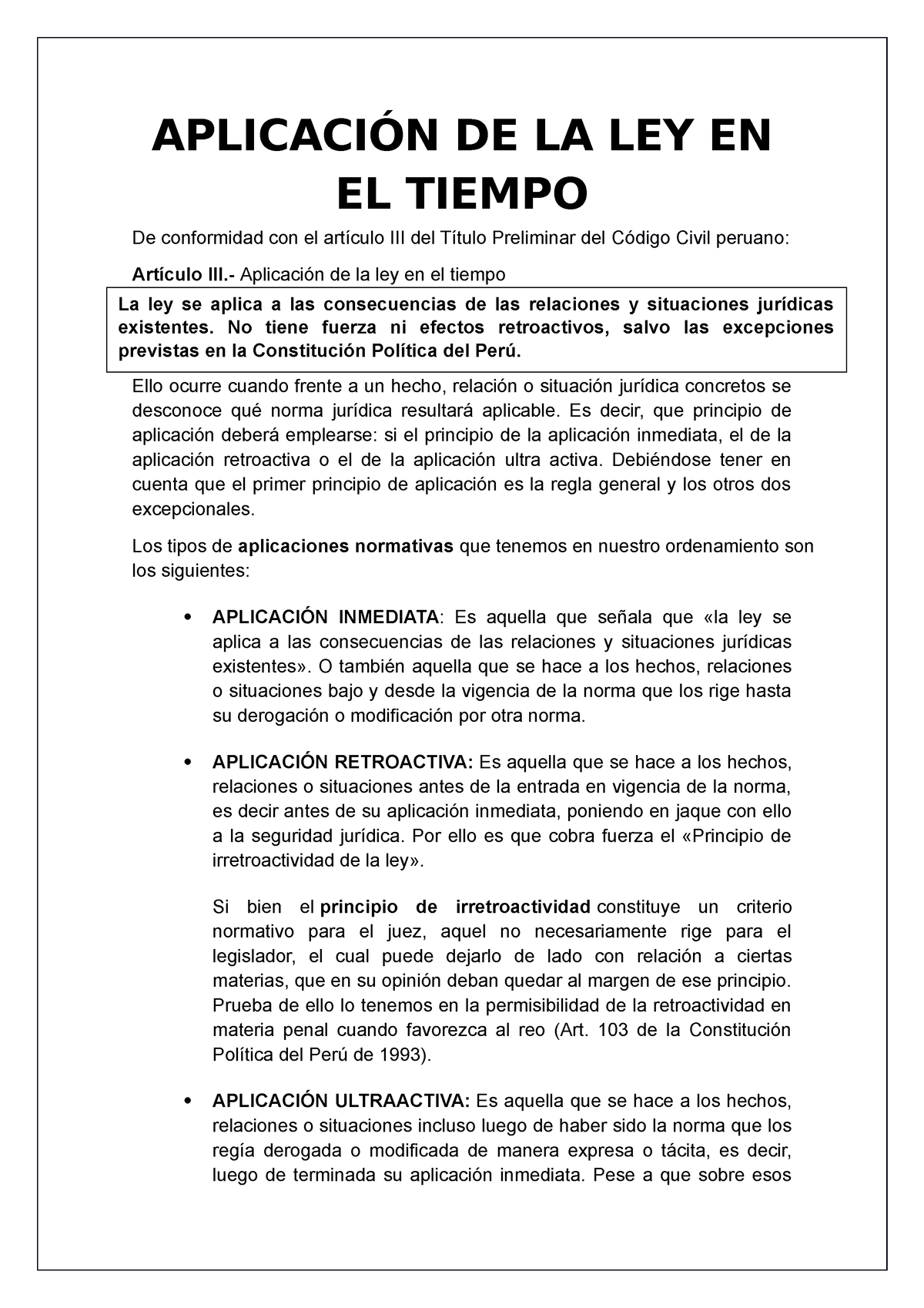 Aplicación De La Ley En El Tiempo AplicaciÓn De La Ley En El Tiempo