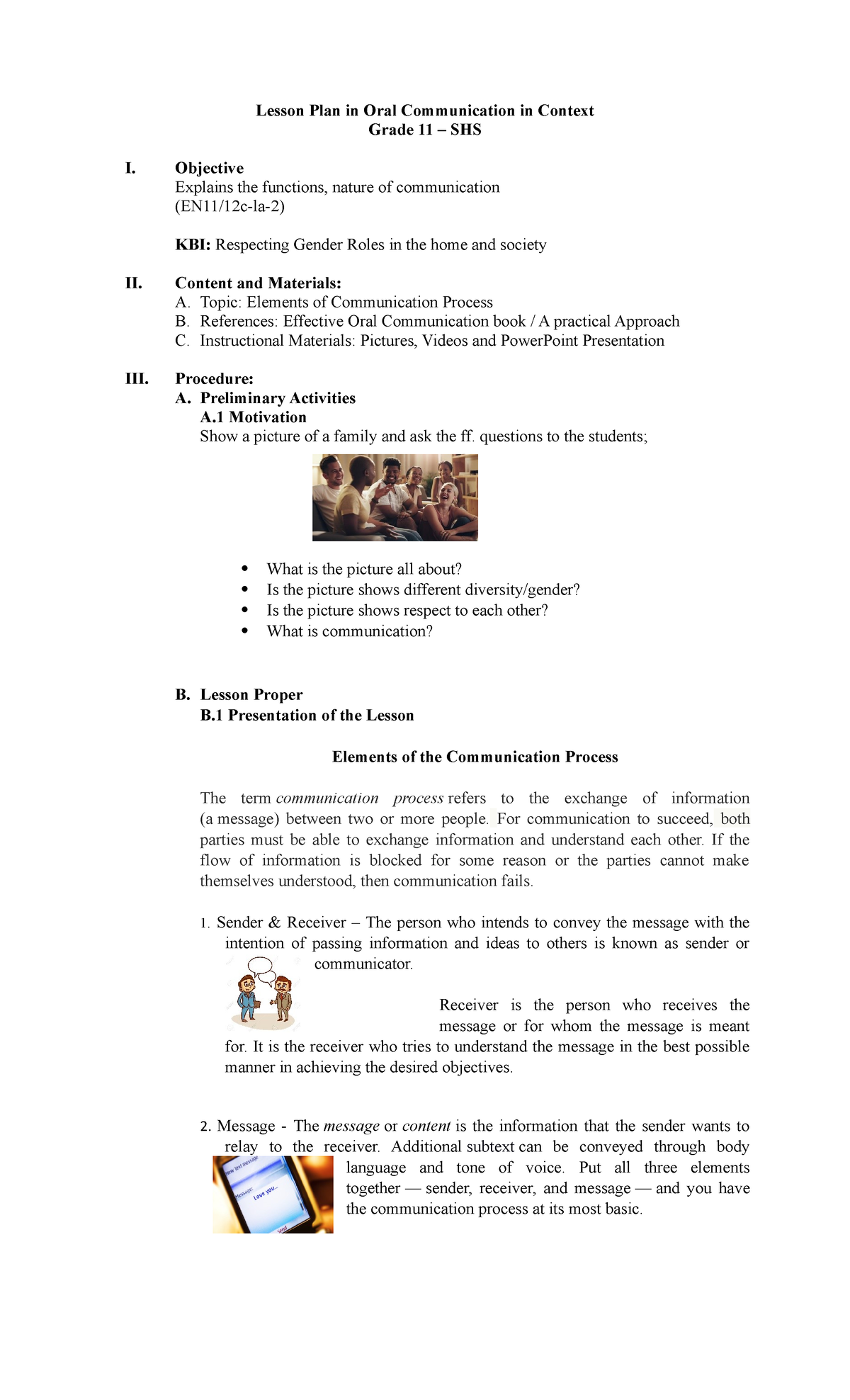 Lp 1 Elements Of Communication Lesson Plan In Oral Communication