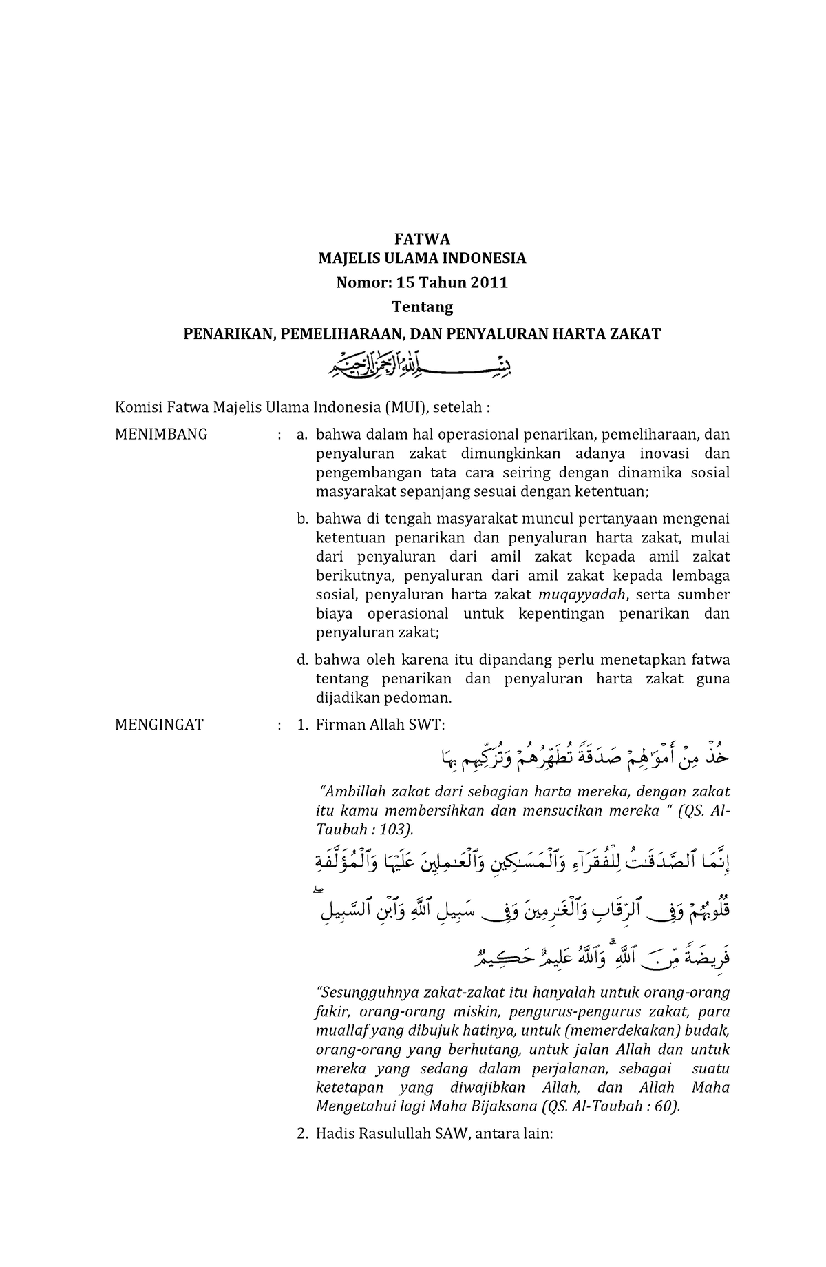 Fatwa Mui No Mui Fatwa Majelis Ulama Indonesia Nomor 15 Tahun 2011