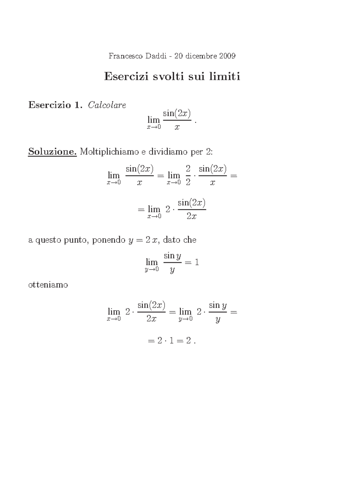 Limiti Esercizi Esercizi Svolti Sui Limiti Esercizio 1 Calcolare Lim