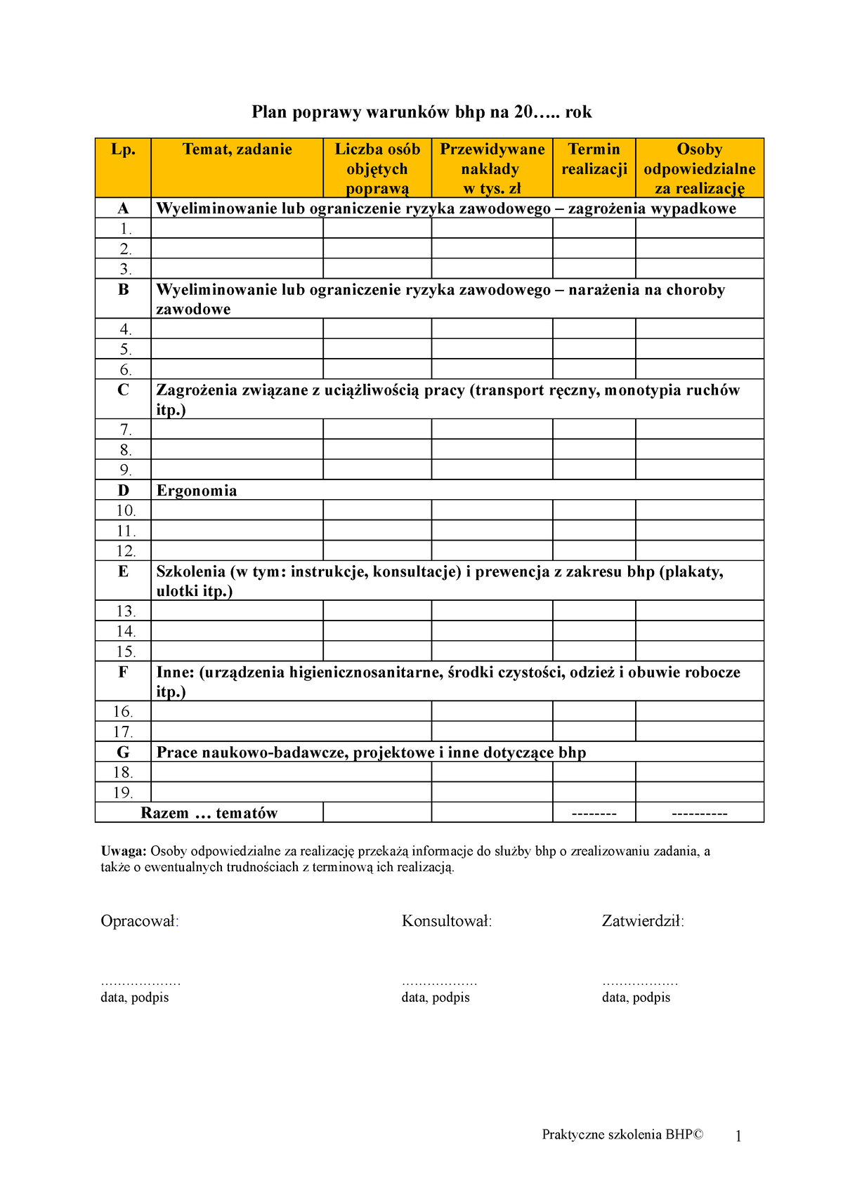 Plan Poprawy Warunkow Bhp Na 20 Rokdoc Plan Poprawy Warunków Bhp Na