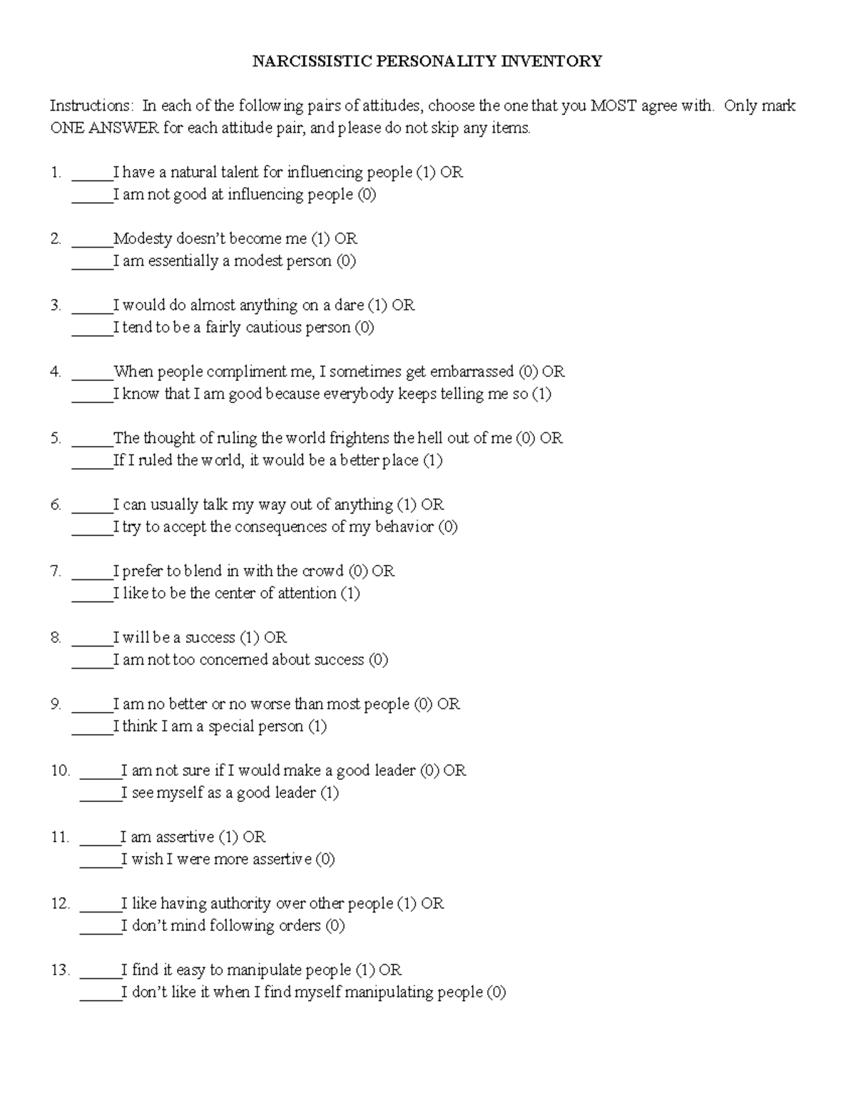 Narcissistic Personality Inventory Narcissistic Personality Inventory