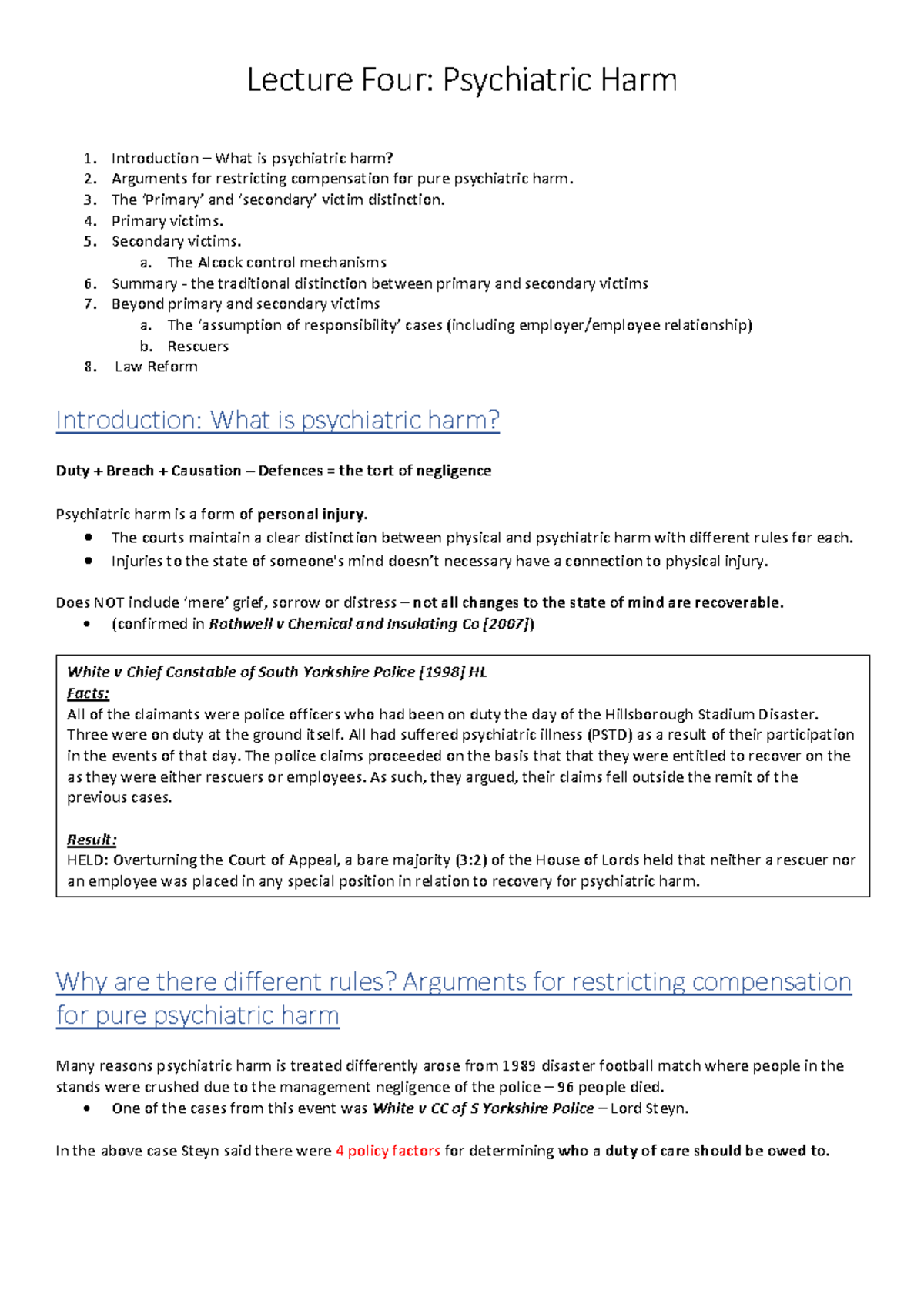 Psychiatric Harm Tort Law Notes Lecture Four Psychiatric Harm