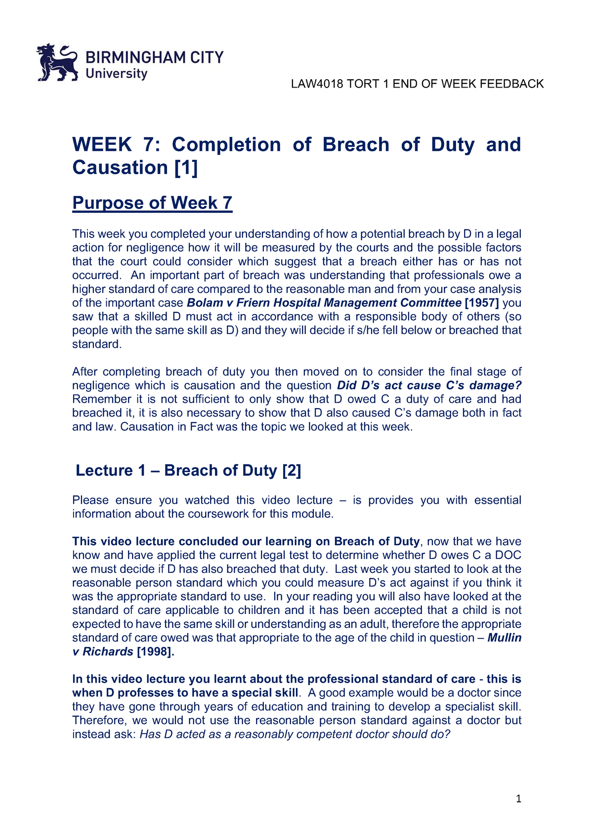 Tort 1 Post Session Fb Wk 7 41120 Pdf Week 7 Completion Of Breach