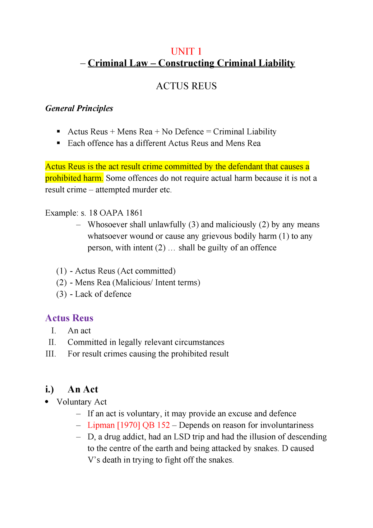 Unit 1 Criminal Actus Reus Unit 1 Criminal Law Constructing