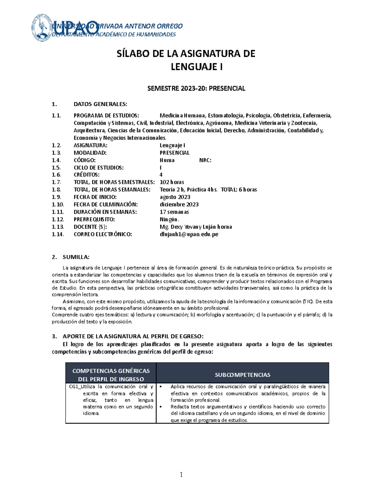 Sílabo Lenguaje I 2023 20 Departamento AcadÉmico De Humanidades