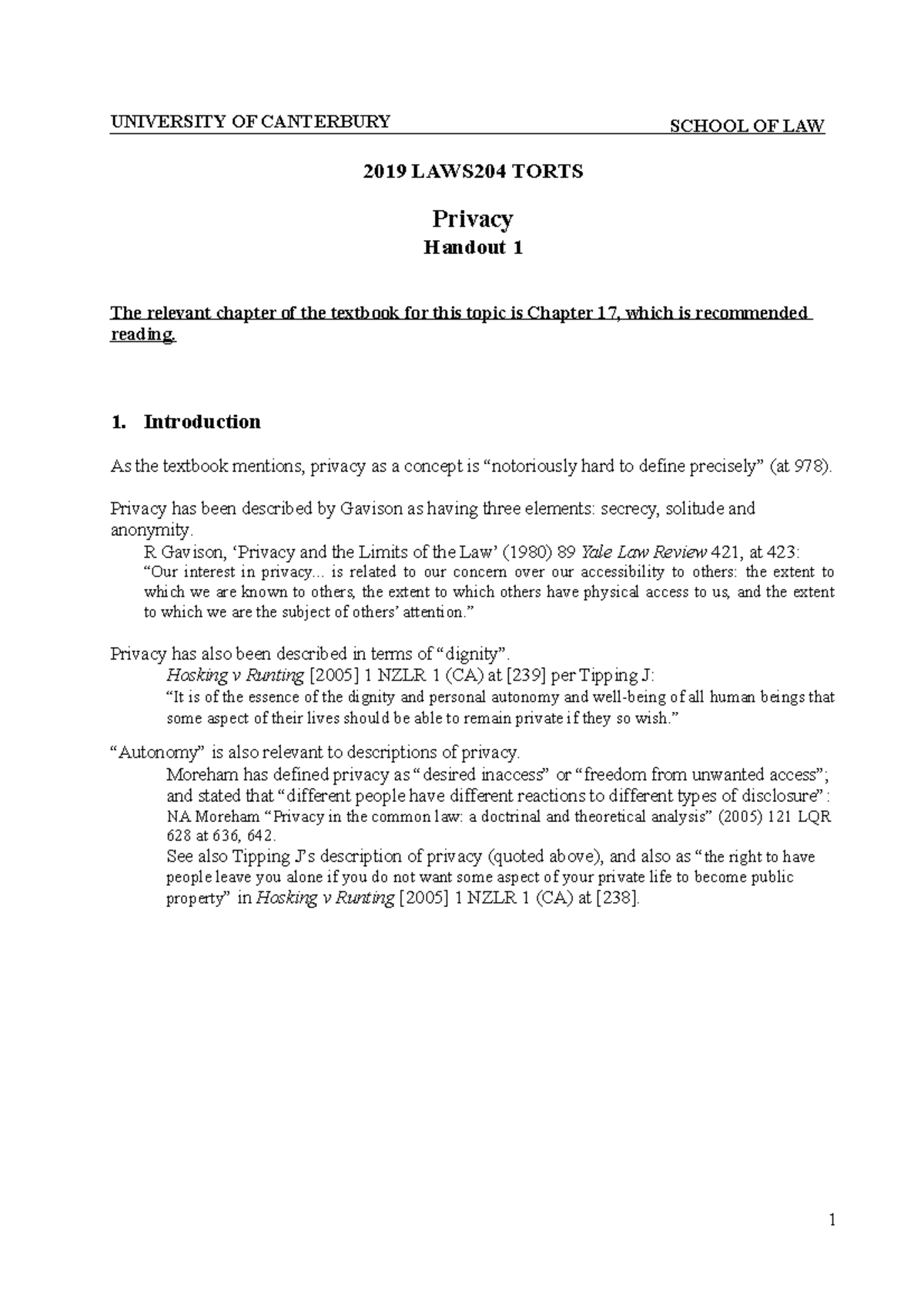 2019 Torts Privacy Handout 1 University Of Canterbury School Of Law