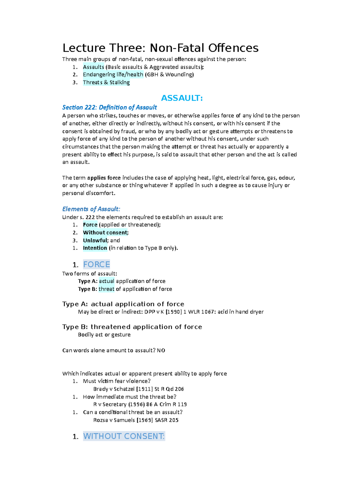 Lecture Three Non Fatal Offences Lecture Three Non Fatal Offences